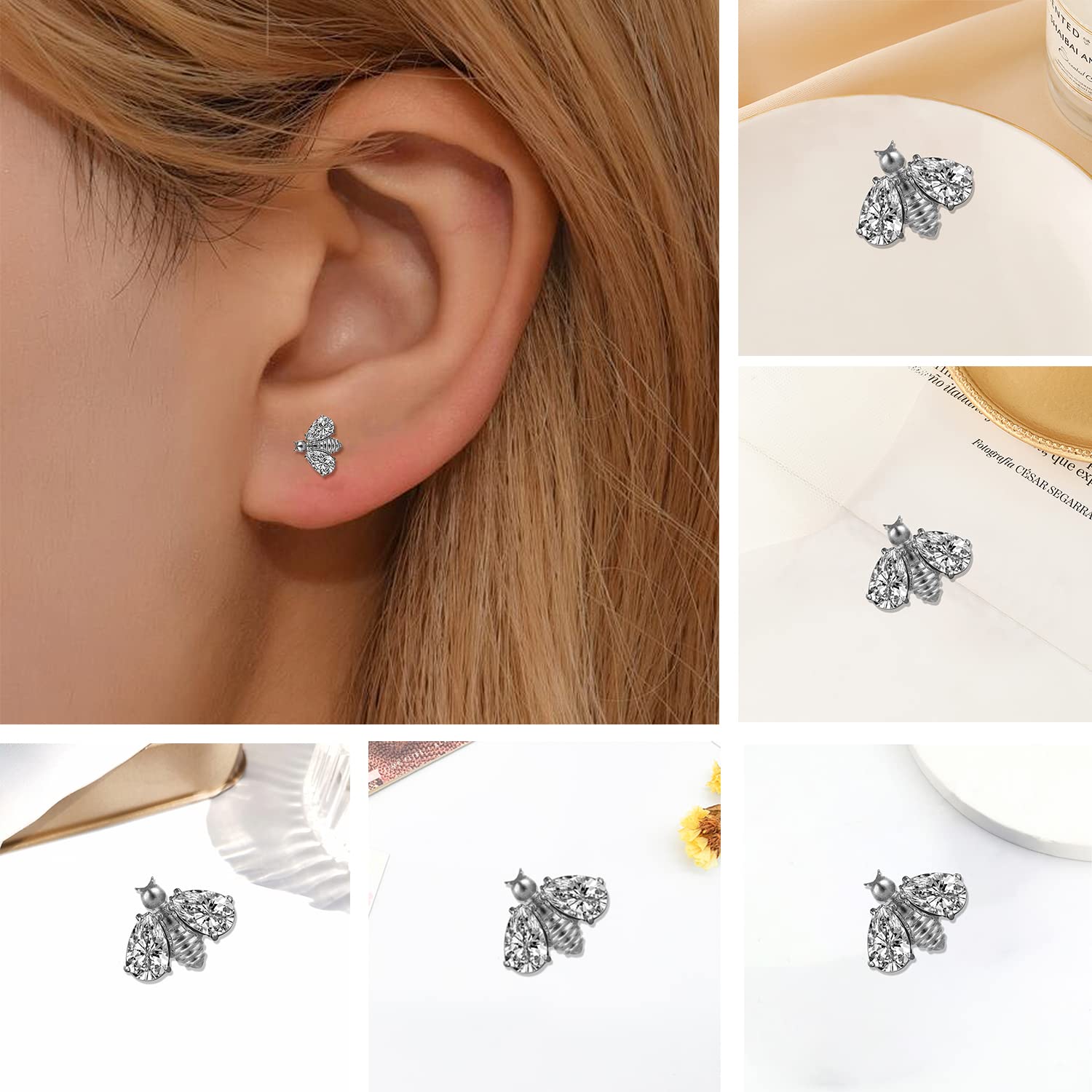 Ju7cer 16G Cartilage Earring Stud F136 Titanium Clear Bee Earrings for Conch Tragus Helix, Internally Threaded Flatback Earrings for Women Labret Piercing Jewelry