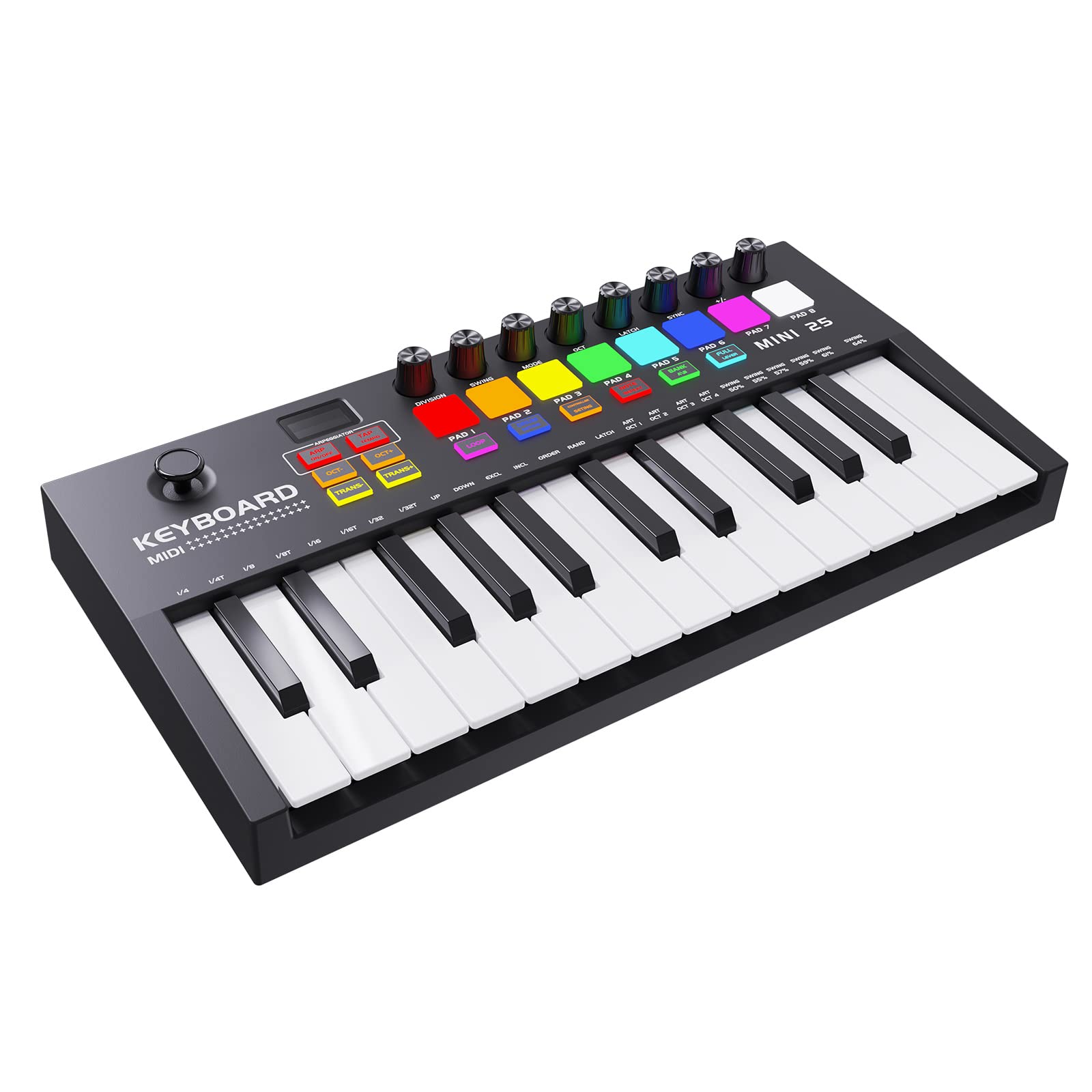 KONIX MIDI Keyboard Controller 25 Key, Portable USB MIDI with Velocity-Sensitive Mini Keys & OLED Screen Display for Mac/PC, Small MIDI Keyboard with Unique LOOP Function and 8 Backlit Drum Pads