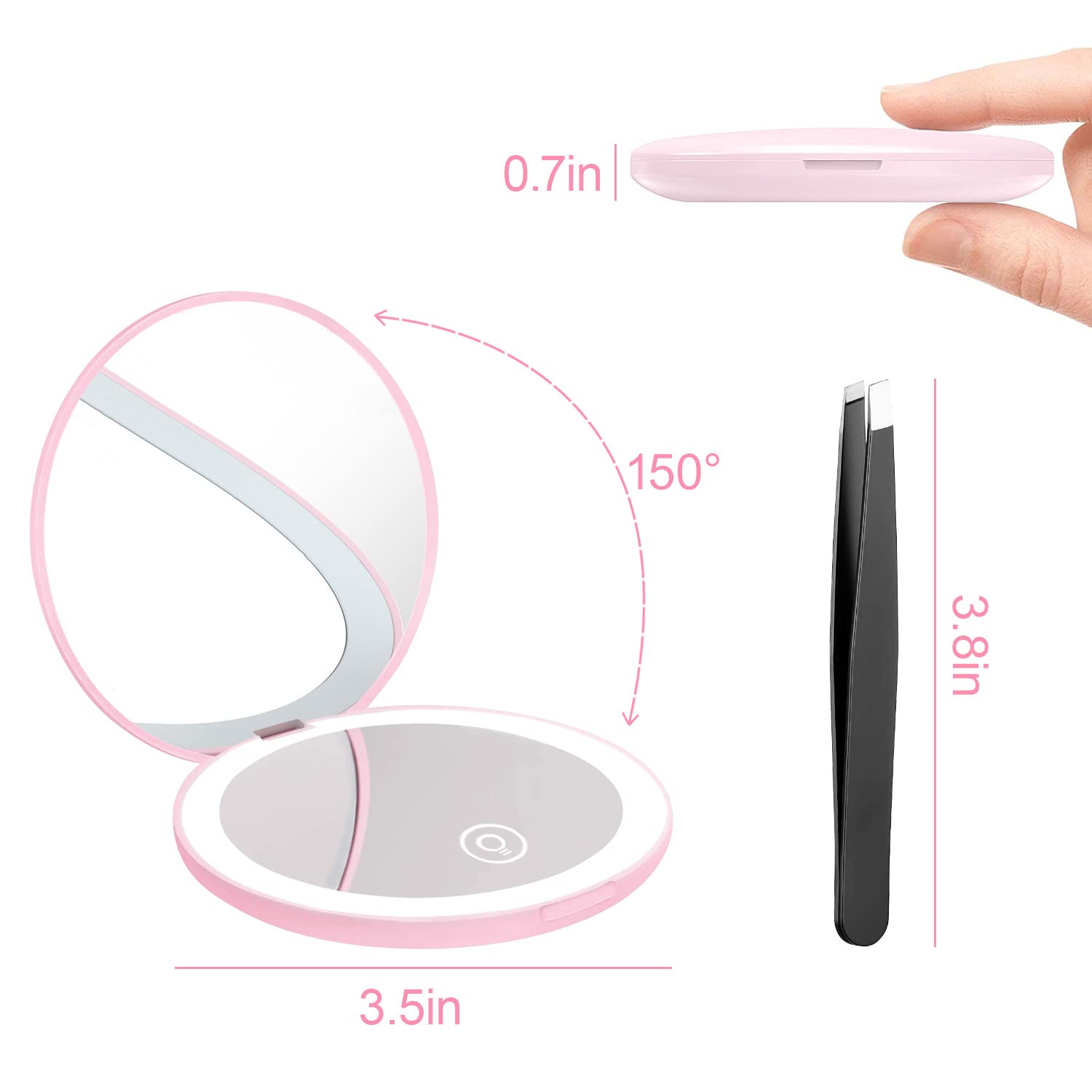 Kilobey LED Lighted Travel Makeup Mirror, 1x/10x Small Compact Magnifying Mirror, Mini Portable Folding Mirror for Purse, 3.5 inch Pocket Mirror, Handheld 2-Sided Mirror, Round, White