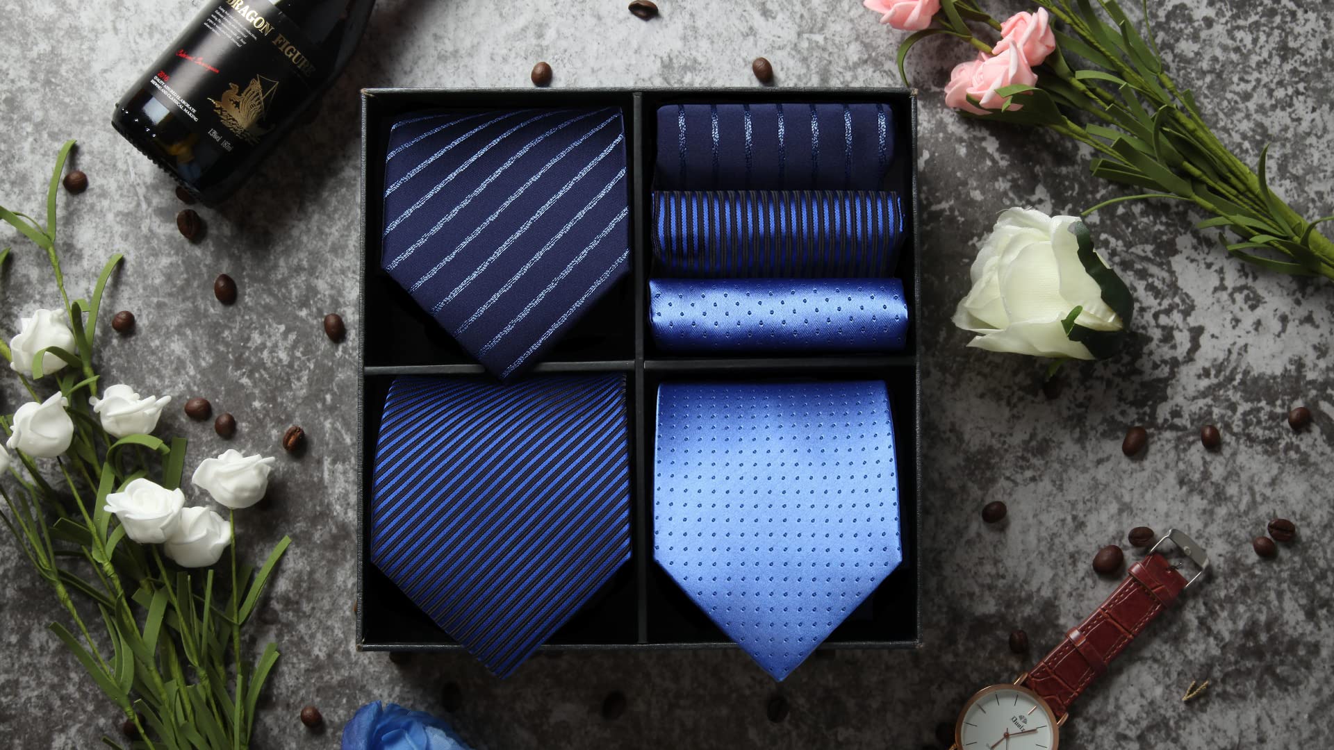 HISDERN Lot 3 PCS Ties for Men Business Ties and Pocket Square Sets with present Box Classic Silk Tie Collection & Handkerchief