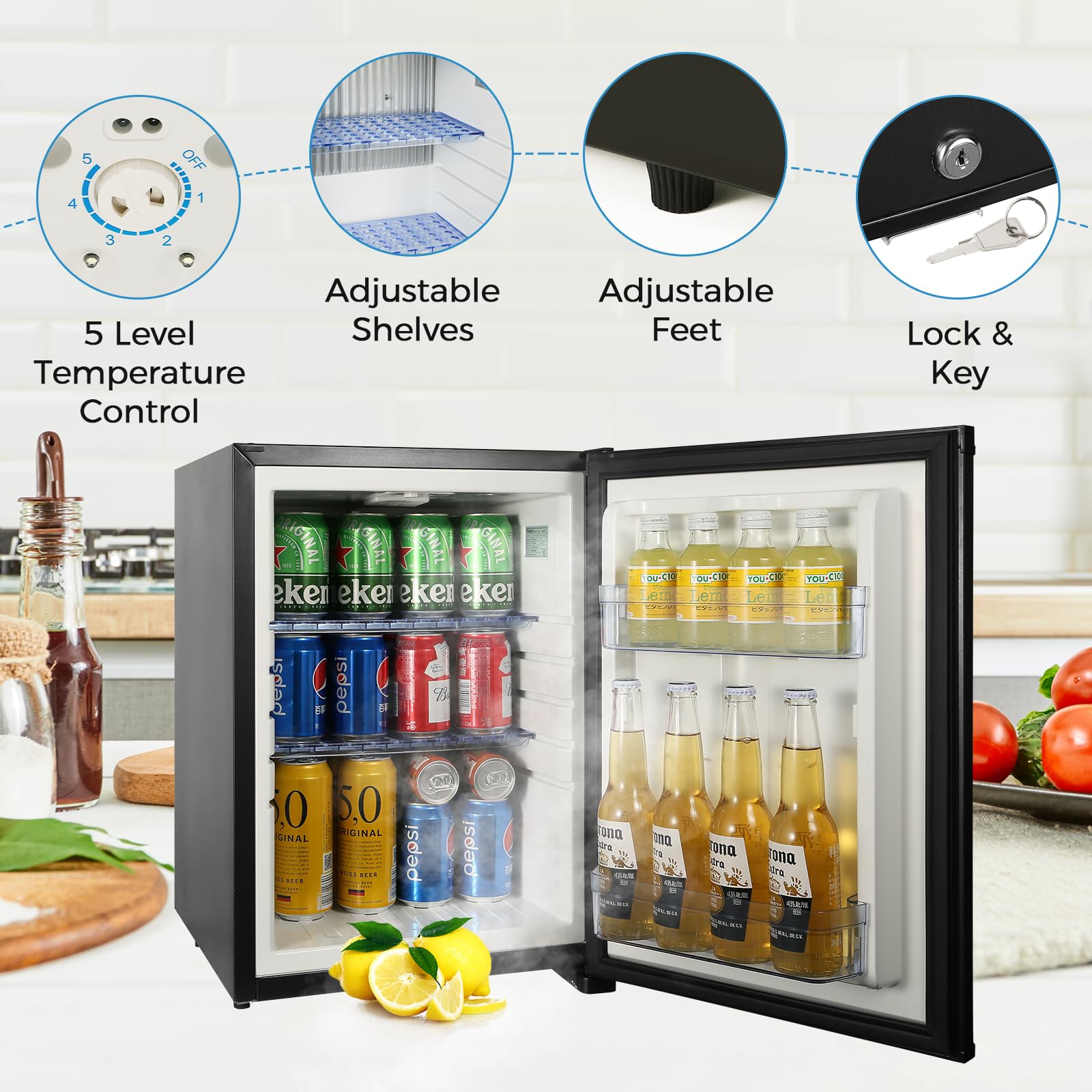 HIPOPLLER Compact Refrigerator, 1.42 cu.ft 110V Quiet Mini Fridge, Reversible Door with Lock, Energy Efficient Beverage Cooler for Bedroom Dorm RV Hotel Office, Black