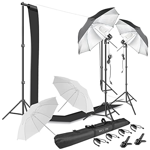 HYJ-INC Photography Umbrella Continuous Lighting Kit,Muslin Backdrop Kit(White Black), Backdrop Clips Clamp,10ft Photo Background Photography Stand System for Photo Video Studio Shooting