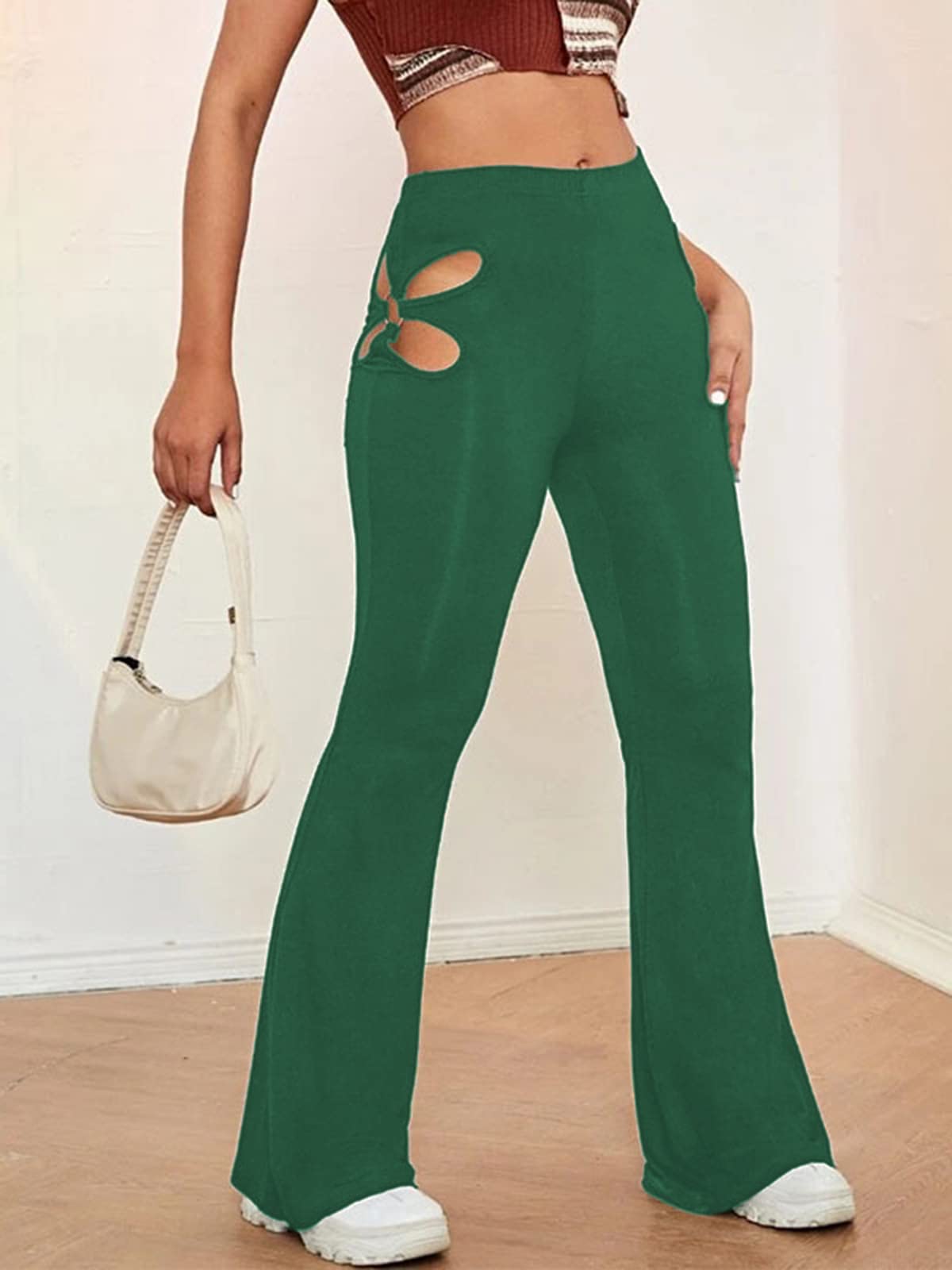 Hilinker Women's High Waisted Flare Long Pants Cut Out Stretchy Ladder Bootcut Yoga Pants Dark Green X-Large