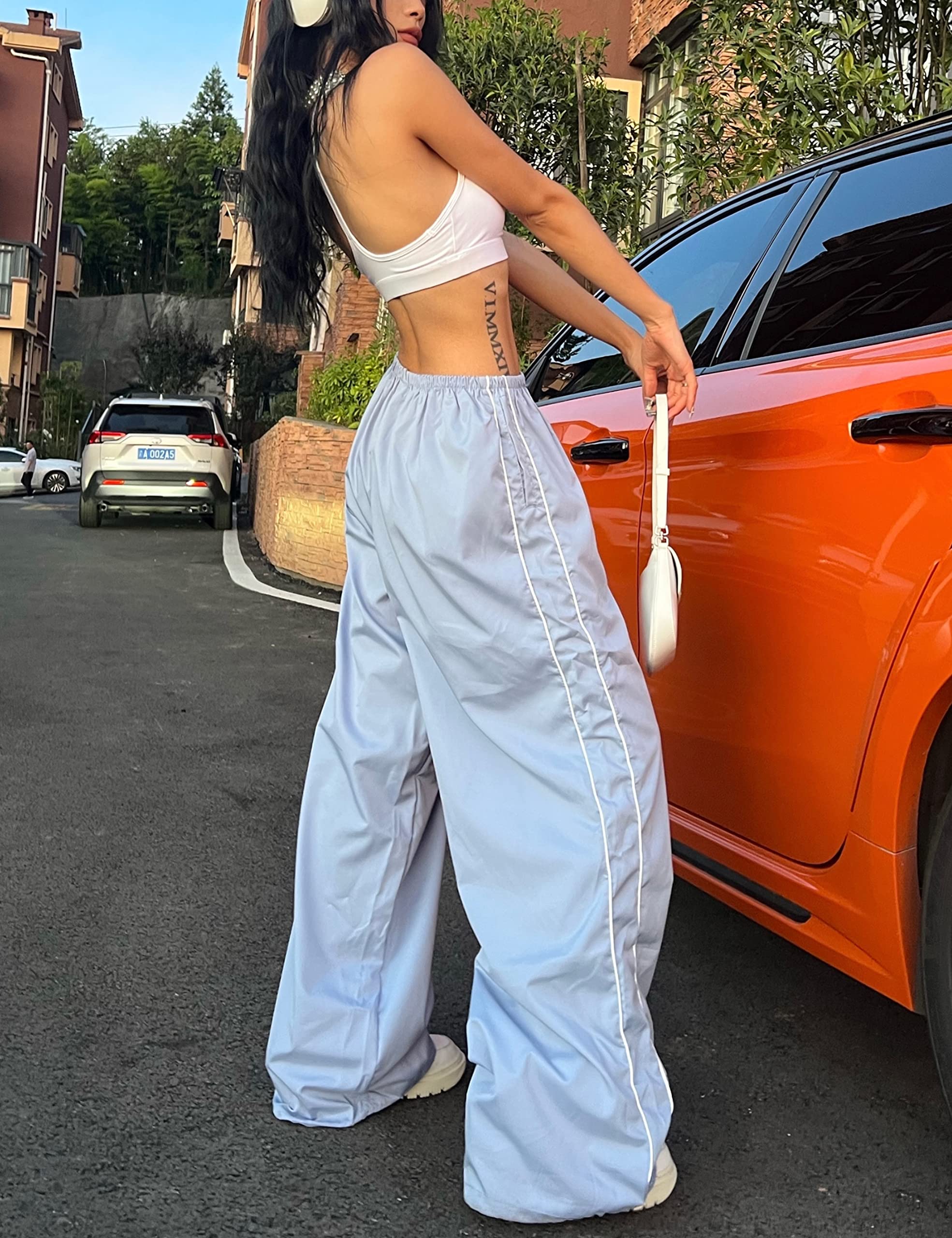 Lianlive Womens Parachute Pants Wide Leg Baggy Y2K Track Pants for Women (LightBlue-M)