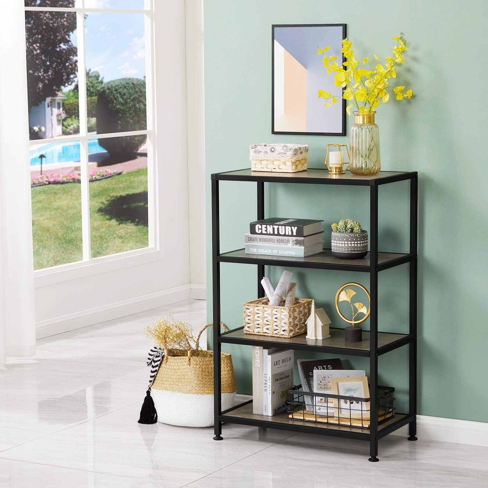 GreenForest 4-Tier Bookshelf Industrial Open Shelf Bookcase with Metal Frame for Home and Office Storage Display Shelves, Rustic Walnut