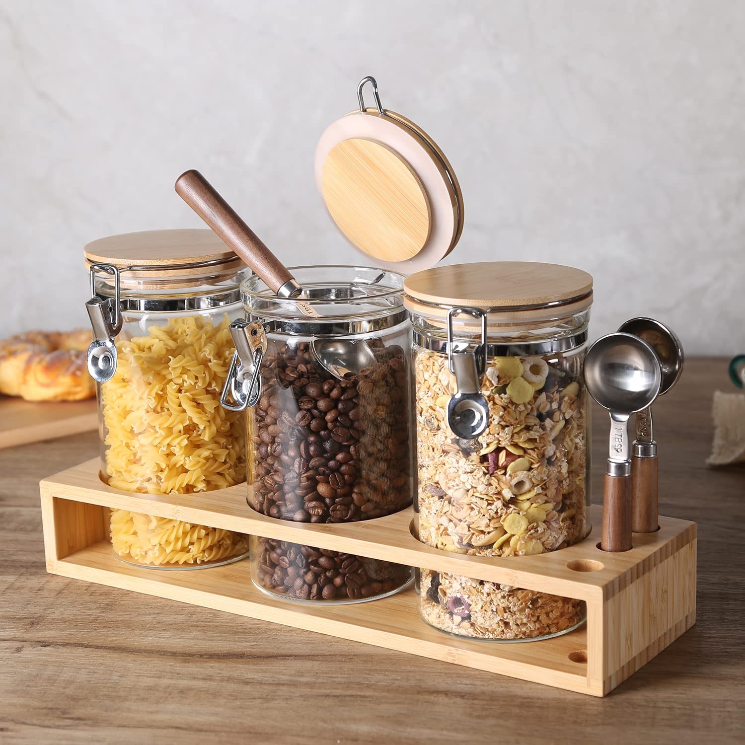 KKC HOME ACCENTS Airtight Glass Coffee Bean Storage Jars with Scoops for Coffee Bar,Sealed Glass Canisters with Hinghed Lids for Ground Coffee,Loose Leaf Tea, Matcha,Sugar,40 Fluid-oz