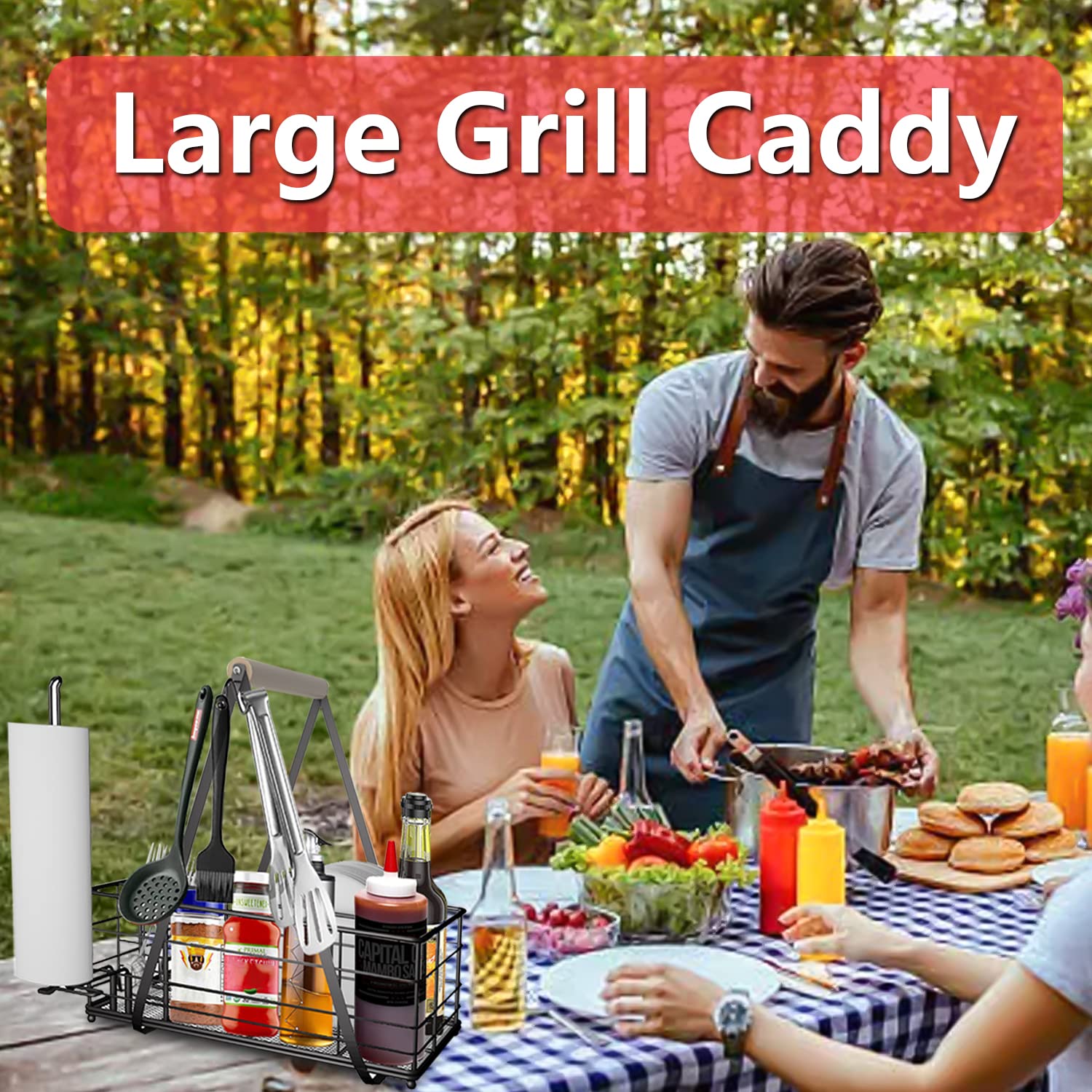 LELOCLE Picnic Caddy and Grill Utensil Caddy,Condiment Caddy, Grill-Caddy,Adjustable Compartment Storage,with 3 Hooks,Sturdy Thick,Easy Carry,Quick Assemble Grill Accessories Storage-Black