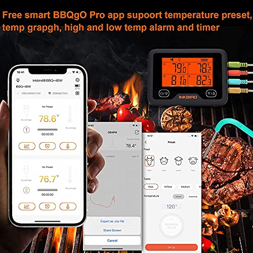 Inkbird Wi-Fi/Bluetooth Meat Thermometer IBBQ-4BW & Instant Read Thermometer IHT-1P, Digital Wireless WIFI Thermometer for Smoker Oven, Large LCD Backlight, Timer High/Low Alarm, 4 Probes Rechargeable