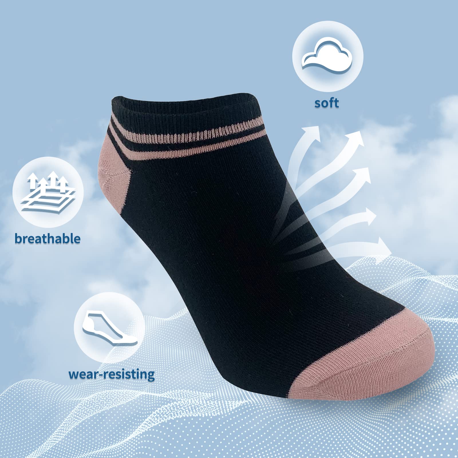 HERAN Ankle Socks for Women Size 5-9, 6-Pairs Low Cut Socks Athletic Casual Socks, Multi-color Preppy Stripes Women's Socks