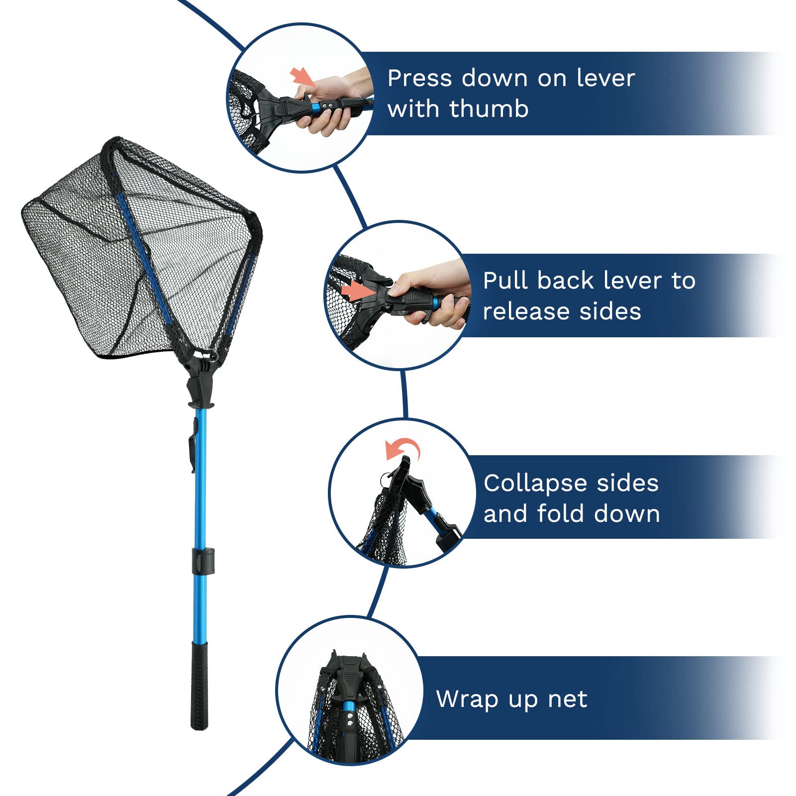 Hook-Eze Fishing Net with Telescoping Pole Handle - Extends up to 23 inches, Floating Fishing Net, Foldable & Compact, Rubber Coated Landing Net, 12 inch Hoop Size