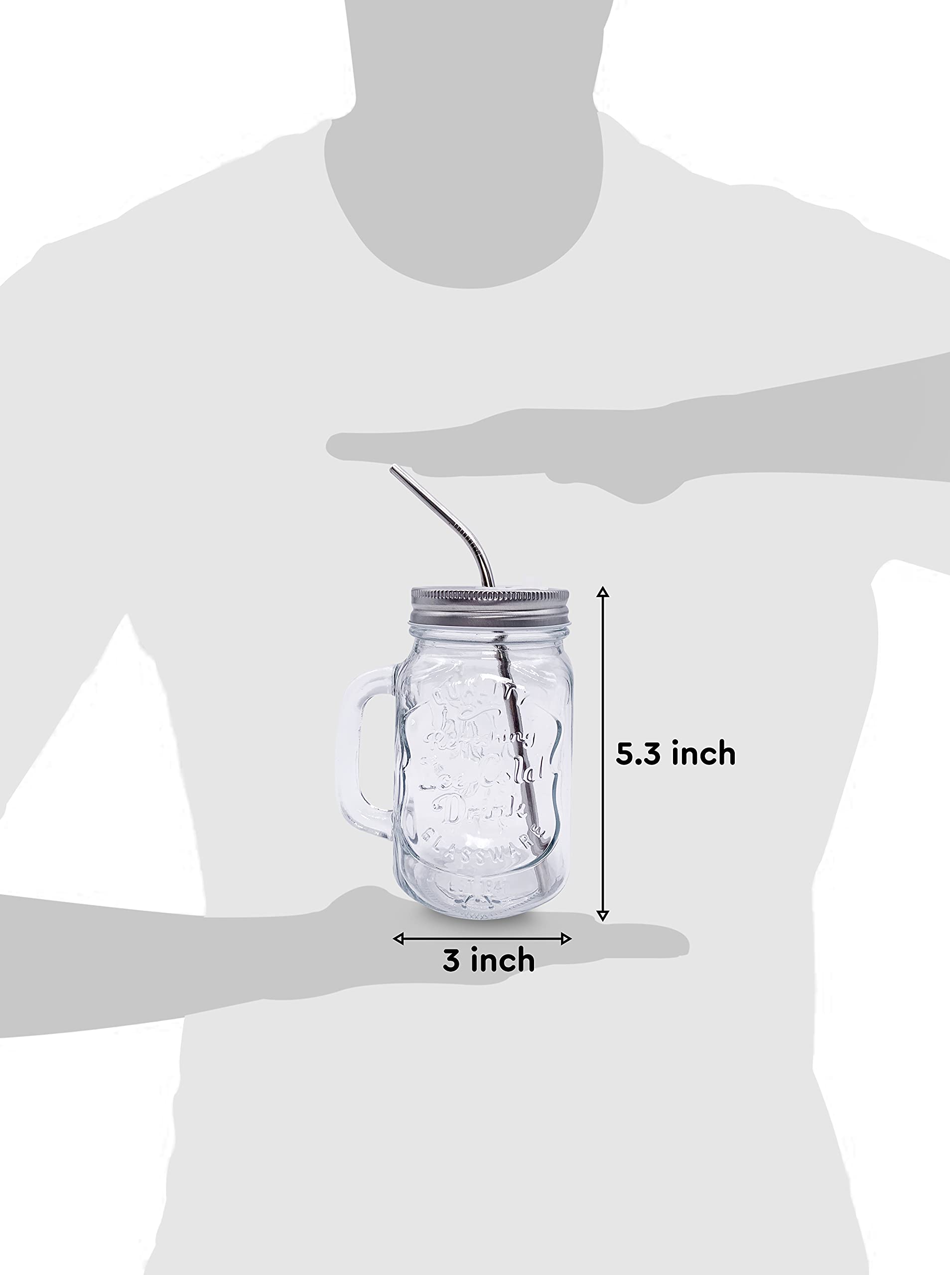 Home Suave Mason Jar Mugs with Handle Sets, Regular Mouth, Colorful Lids with Reusable Stainless Steel Straw, Kitchen GLASS 16 oz Jars & Dishwasher Safe (4, Silver)