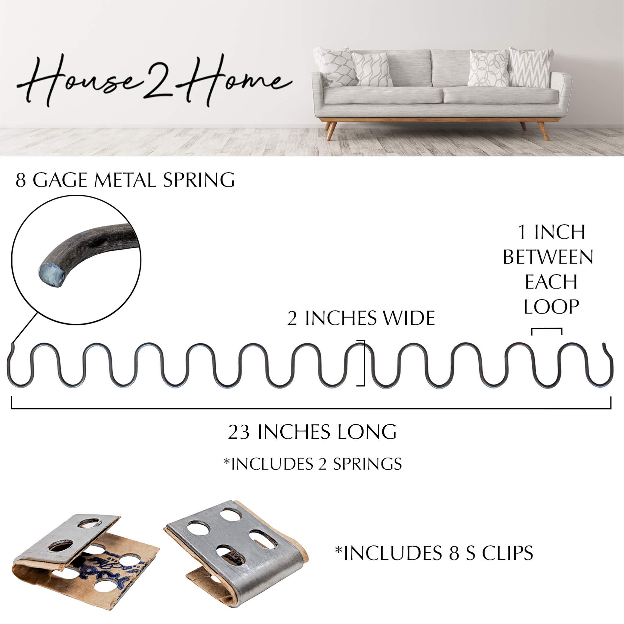House2Home 23" Sofa Upholstery Spring Replacement, 2pk Repair Kit for Furniture Chair Couch, Includes Clips, Screws, and Instructions