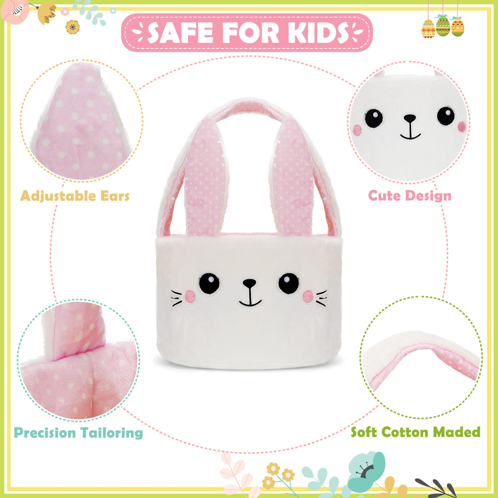 KMUYSL Plush Easter Bunny Basket for Kids, Large Bunny Easter Basket for Boys Girls, Empty Easter Egg Hunting Bucket with Handles, Cute Easter Decoration Bags, Easter Toys Gift for Kids