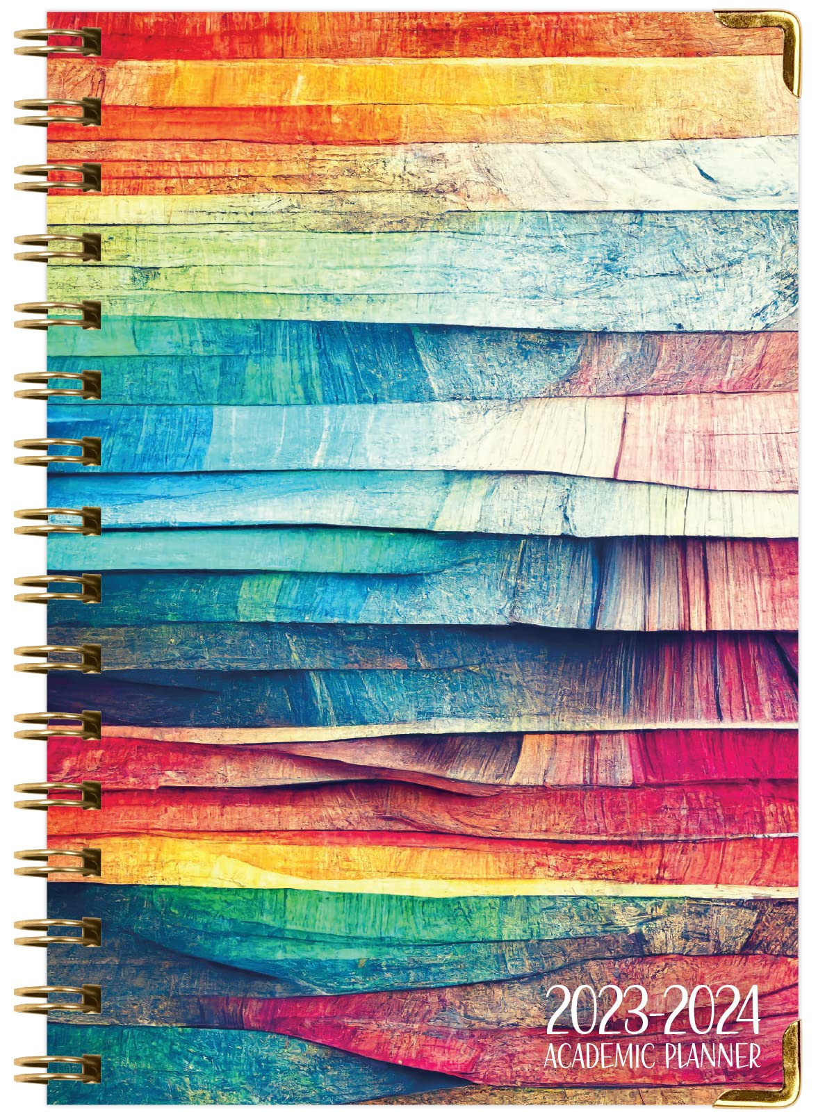 HARDCOVER Academic Year 2023-2024 Planner: (June 2023 Through July 2024) 5.5"x8" Daily Weekly Monthly Planner Yearly Agenda. Bookmark, Pocket Folder and Sticky Note Set (Rainbow Oak)