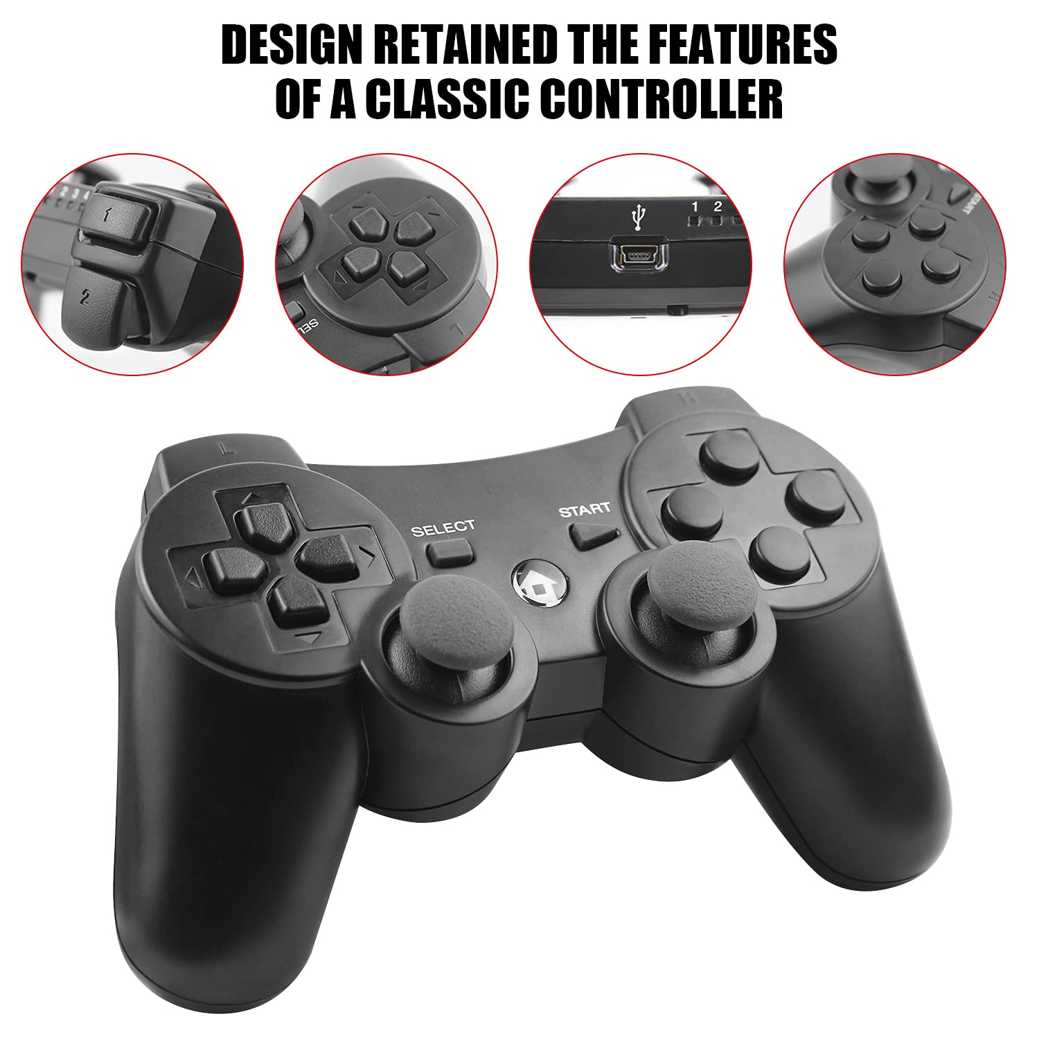 JAMSWALL Wireless Controller Compatible with PS-3 Play-station 3, Wireless Bluetooth Joystick with Charger Cable Cord, black