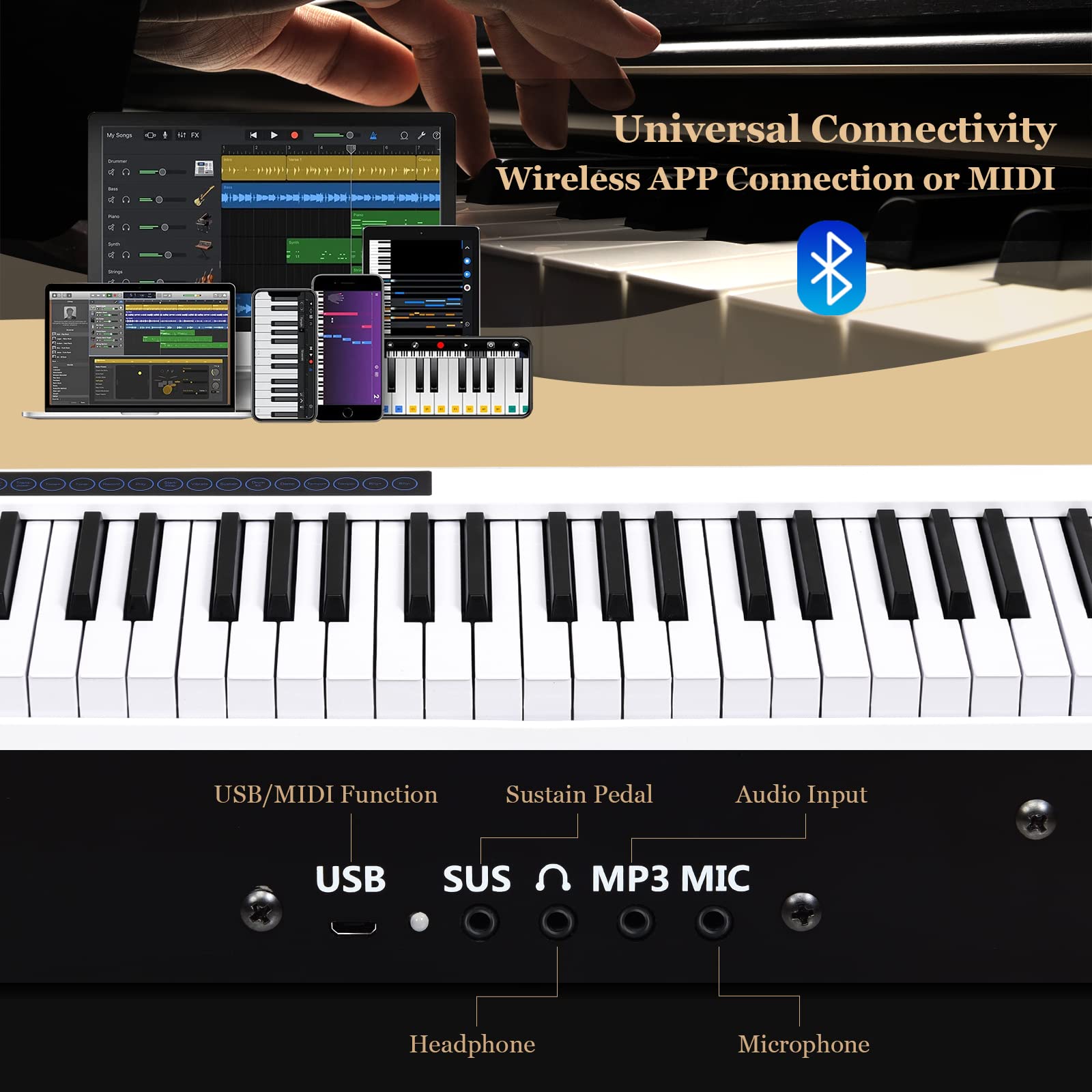 HONEY JOY Digital Piano 88 Key Semi-Weighted, Full Size Portable Electric Piano Keyboard with Sustain Pedal, MIDI Touch Sensitive Keyboard with Bluetooth, Musical Teaching Keyboard Toy (Black)
