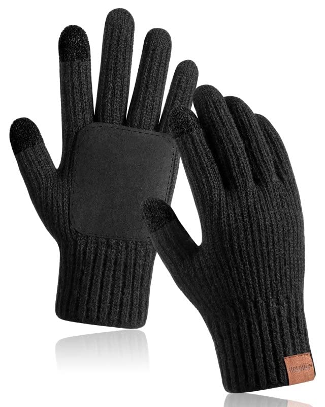HOLDINA Winter Gloves Men Touchscreen Texting,Gloves for Men Knit Warm Anti-Slip Design,Gloves for Women Thermal Fleece Lined for Cold Weather（Black-M）
