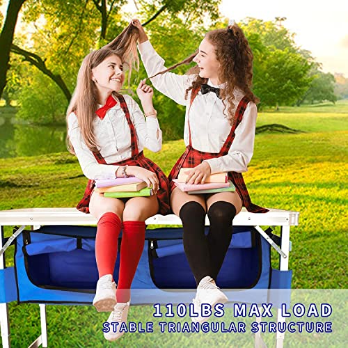 JooMoo Folding Camping Table with Storage - Portable Outdoor Aluminum Picnic Tables with Organizer and 2 Chairs, 3 Adjustable Heights, Lightweight Dining Table for Camp Beach Party BBQ