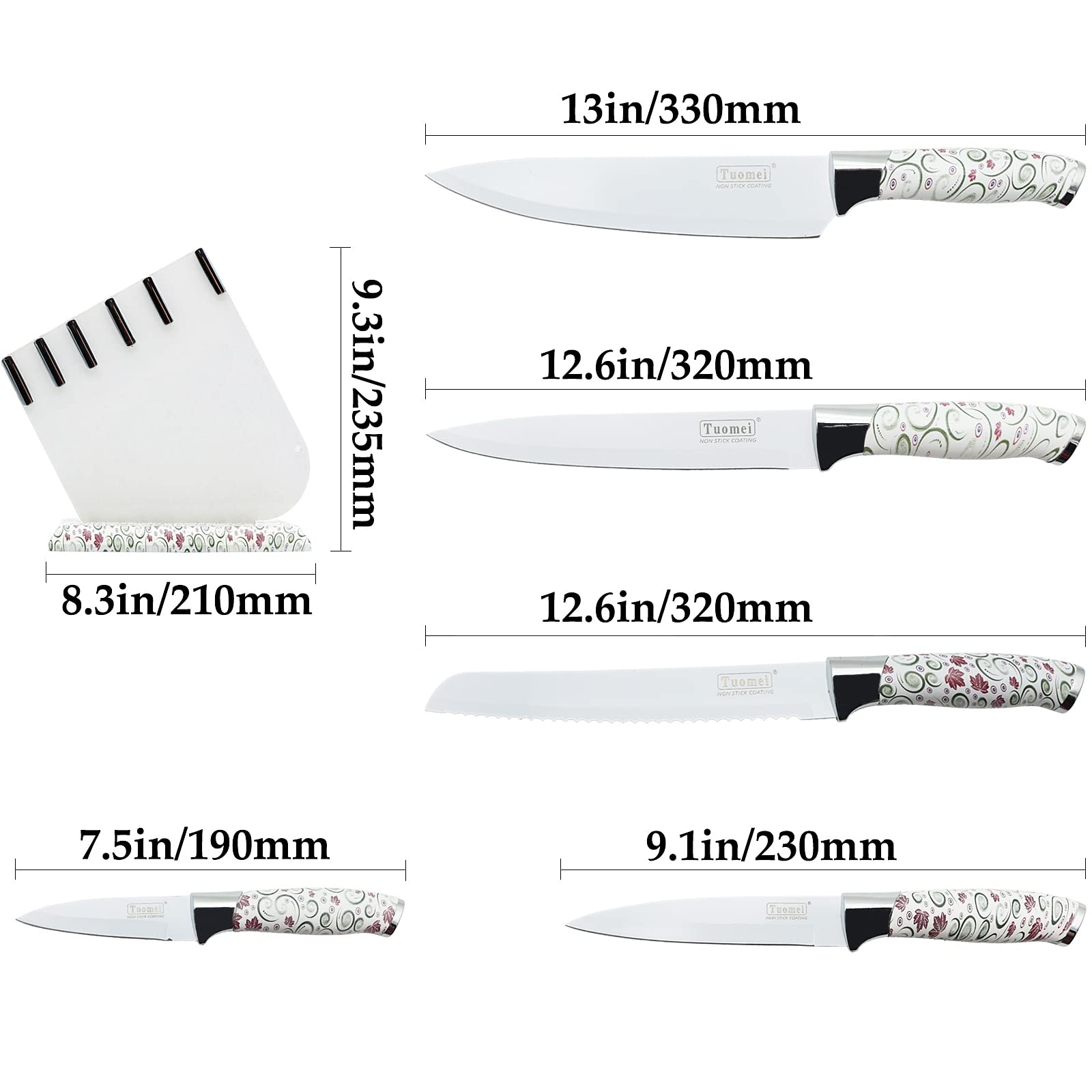 Knife Set for Kitchen, Retrosohoo White 6-Piece Stainless Steel Sharp Block Knife Set with Flower Pattern, Non-stick Non-slip Cooking Knives Set for Cutting Chopping Slicing Dicing