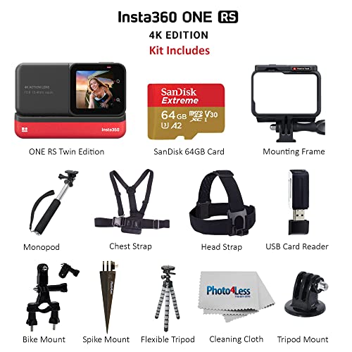 Insta360 ONE RS Twin Edition (360 Camera + 4K Wide Angle) + SanDisk 64GB SD Card + Monopod + Chest Strap + Head Strap + Bike Mount - Top Accessory Bundle