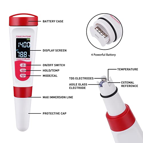 INKBIRDPLUS pH Meter, Digital 4 in 1 PH EC TDS Temp Meter for Water Hydroponics, Waterproof and EC PPM Water Tester with Backlight for Laboratory, Nutrients Growing, Household Drinking, Pool, Aquarium
