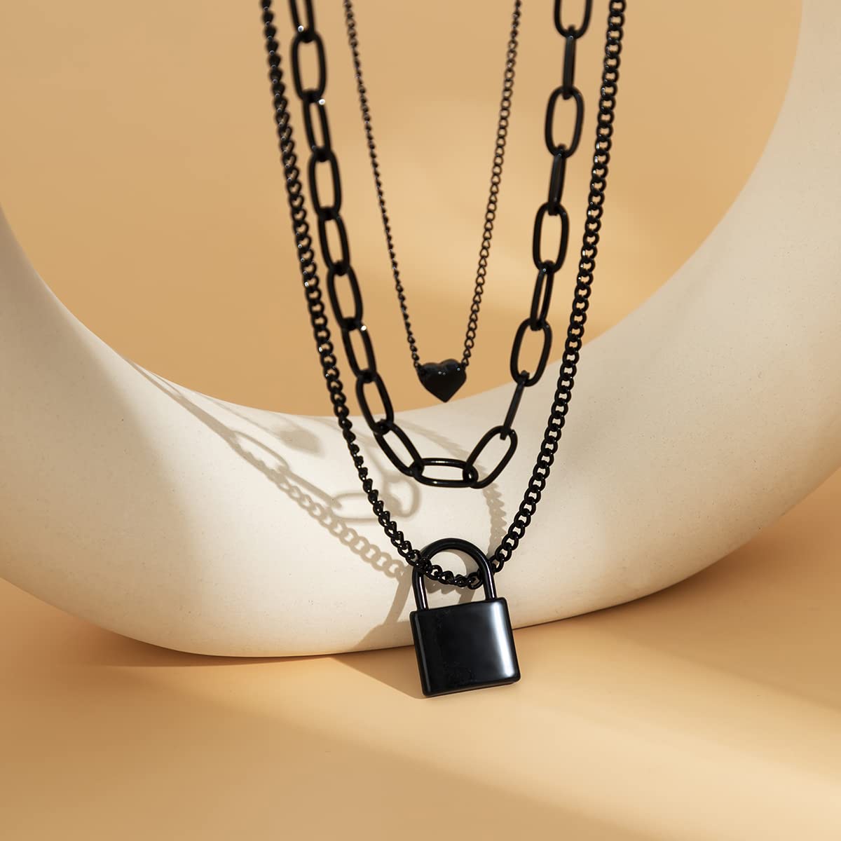 Inactwin Stacked Necklaces for Women Black Lock Chains Heart Grunge Layered Necklace Aesthetic Pendant Multilayer Choker