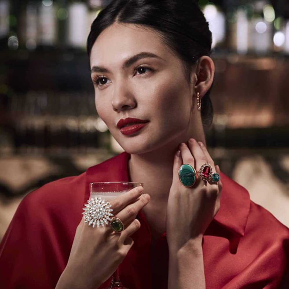 Jojomina Silver Rhinestone Chunky Cocktail Statement Ring for Women Adjustable Crystal Ring for Party Prom Free Size