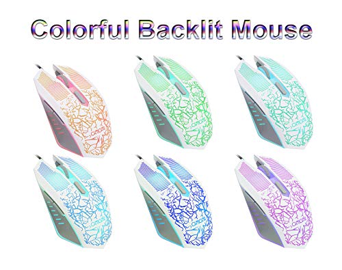 LED Backlit Wired Keyboard and Mouse Gaming Combo Mechanical Feeling Rainbow Backlight Emitting Character 3200DPI Adjustable USB Mice Compatible with PC Raspberry Pi iMac TDW910(White)