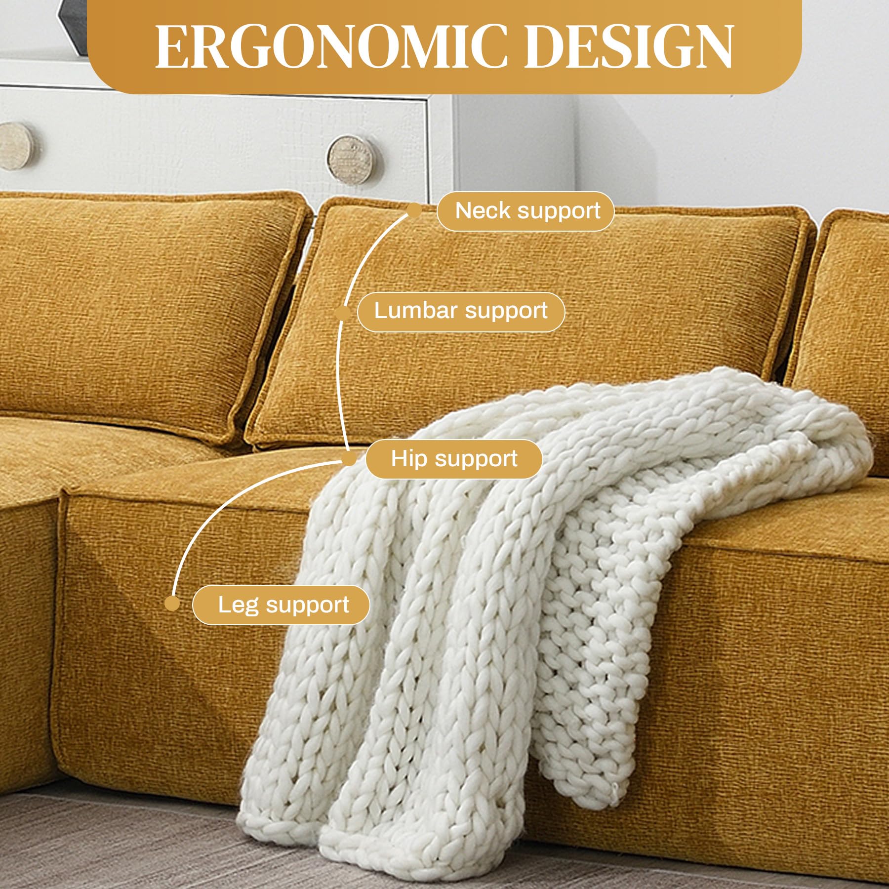 ONEMMLION Modular Sectional Sofa Cloud Couch, 112" Comfy Modern L Shape Sectional Couches for Living Room, Apartment, Fluffy Chenillle Minimalist Convertible Sofa with Chaise Lounge, Yellow