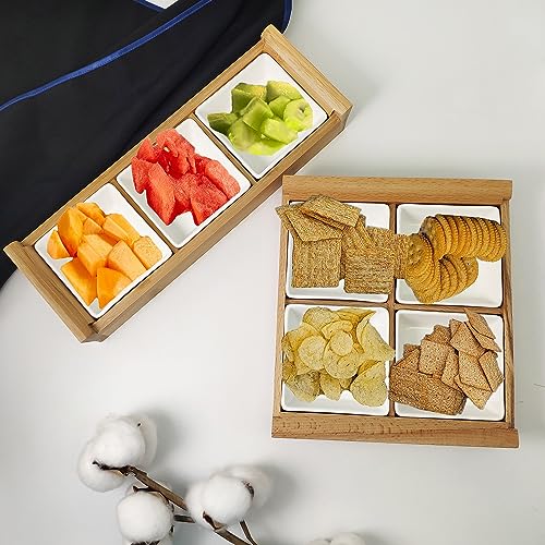 Jinsongdafa Wood Pallet Porcelain Divided Serving Dishes, Appetizer, Relish Tray, Serving Bowls for Parties - Perfect for Chips and Dip, Veggies, Candy and Snacks | Reusable (4 Cells Platters)