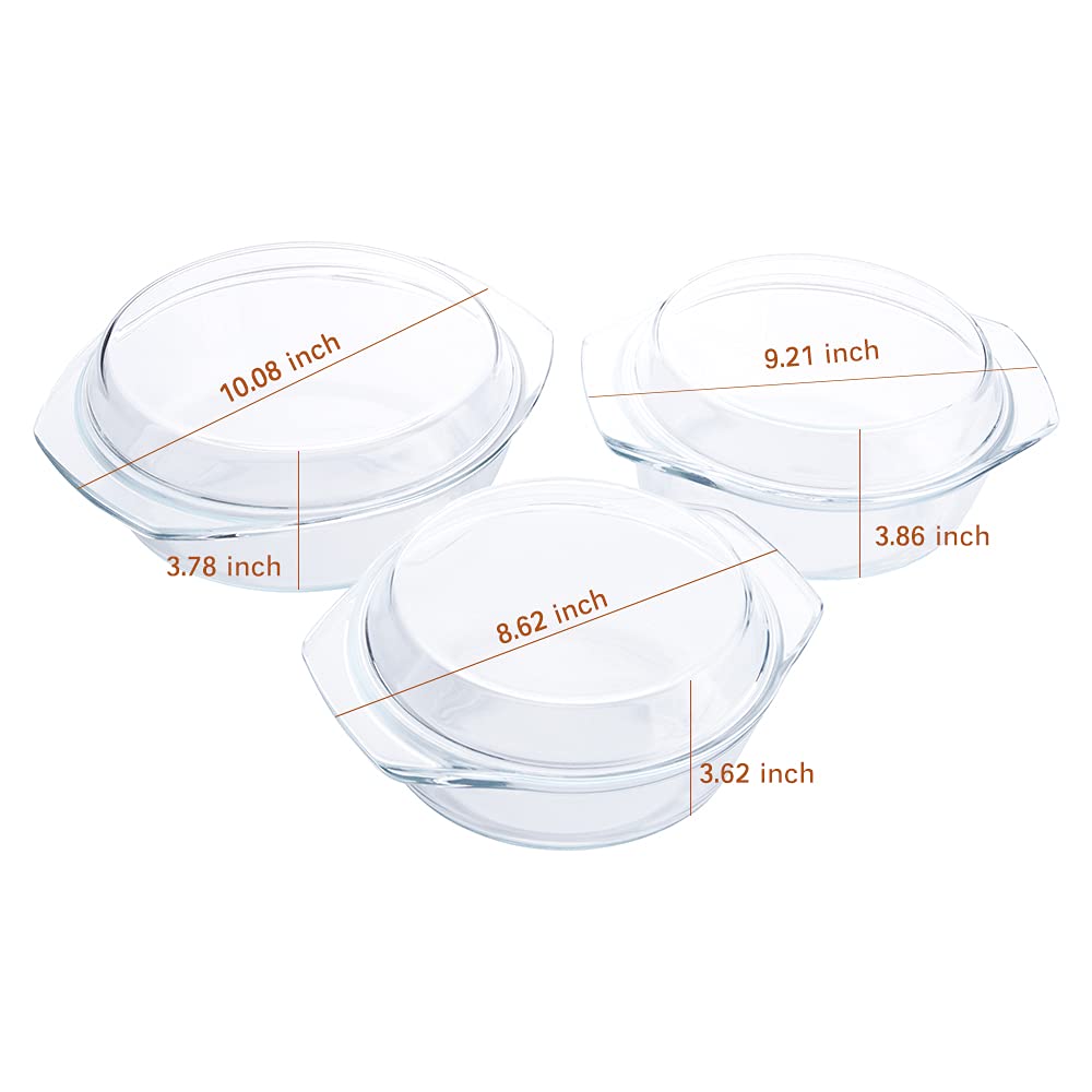 HUSANMP Set of 6 Pieces Round Tempered Glass Casserole Dish with Lids, Glass Casserole Baking Dish Set for Oven, Freezer and Dishwasher Safe - 1QT+1.5QT+1.8QT
