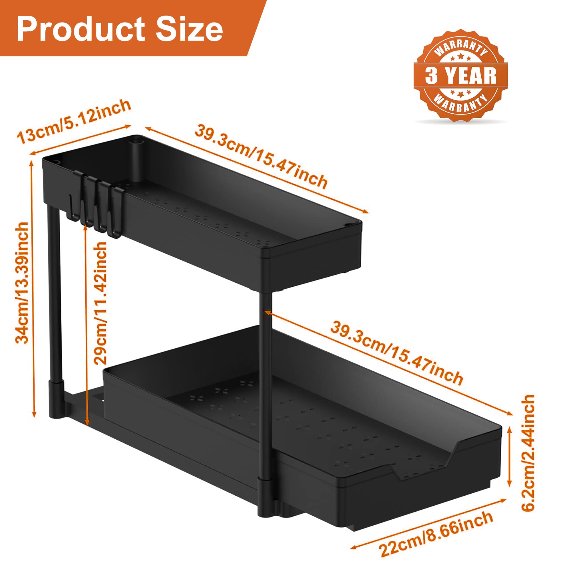 HISKIWUU Under Sink Organizers and Storage L-Shape Easy Assembly,Bathroom Sink Organizer Durable Pull-Out with Sliding Drawer,Under Sink Organizer Large Capacity with Hooks,2 Pack,Black