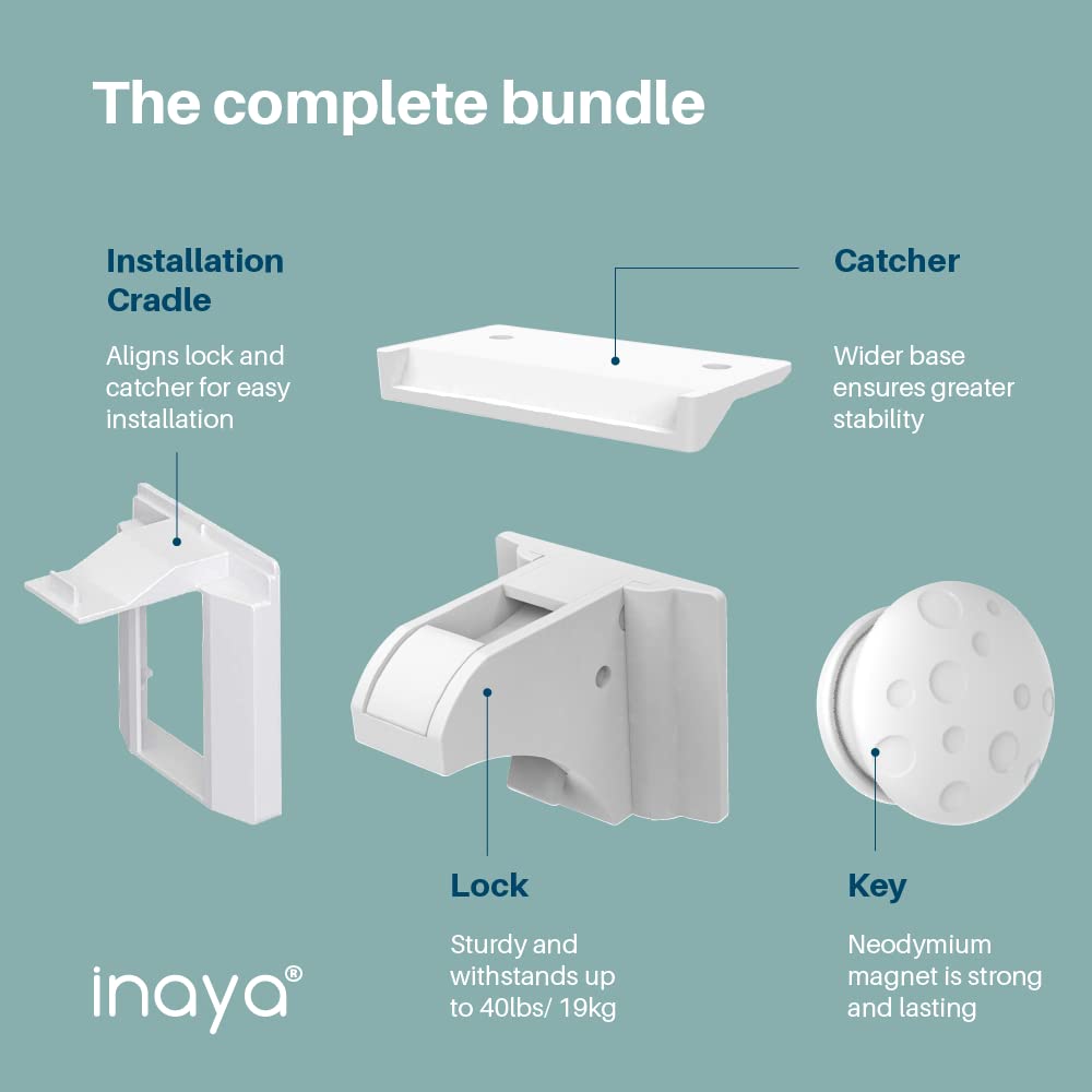 Inaya Magnetic Cabinet Locks for Baby Proofing, Pack of 8 Locks & 1 Key - Child Proofing Cabinet Latches - Invisible Design - 3M Adhesive - No Drill, Tools or Screws Needed