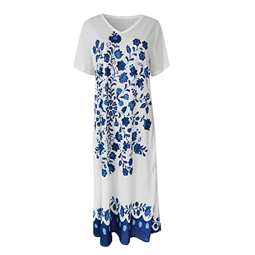 Leather Women Spring Summer Dresses Loose Casual Dress Floral Ink Print Slit Short Sleeve Long Elegant Flowy White