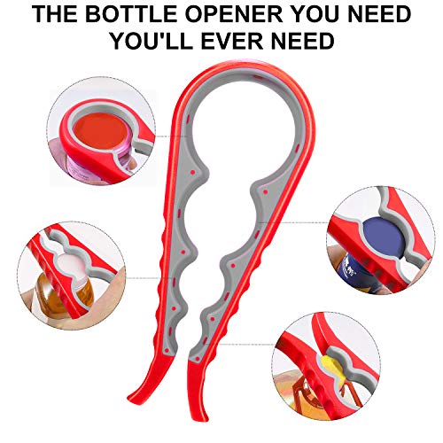 Jar Opener 4&5 in 1 Can Opener Set,Multifunctional Can Opener Kitchen Gadgets,Bottle Opener Kit with Silicone Handle Openers for Arthritic Hand&rubber Jar Opener for Week Hands (Red)