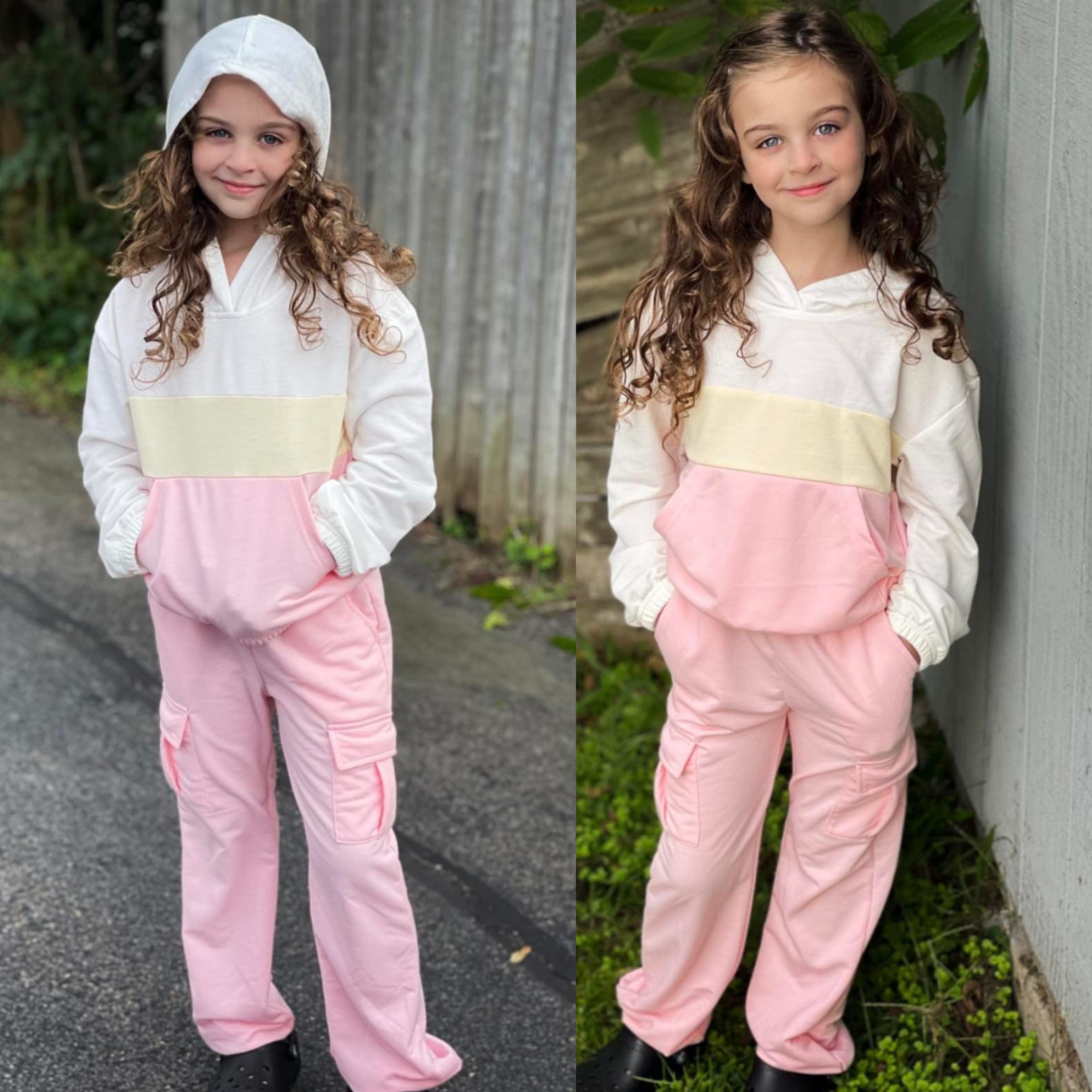 Hopeac Girls Sweatsuit 2 Piece Jogging Set Stripe Patchwork Fall Pullover and Causal Long Pants with Pockets Boys