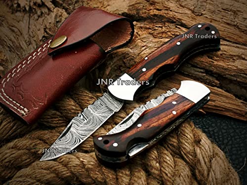 JNR TRADERS Damascus Pocket Knife with Sheath, Folding Knife, Handmade Small Folding Pocket Knife with Sheath, Wood Handle 2397