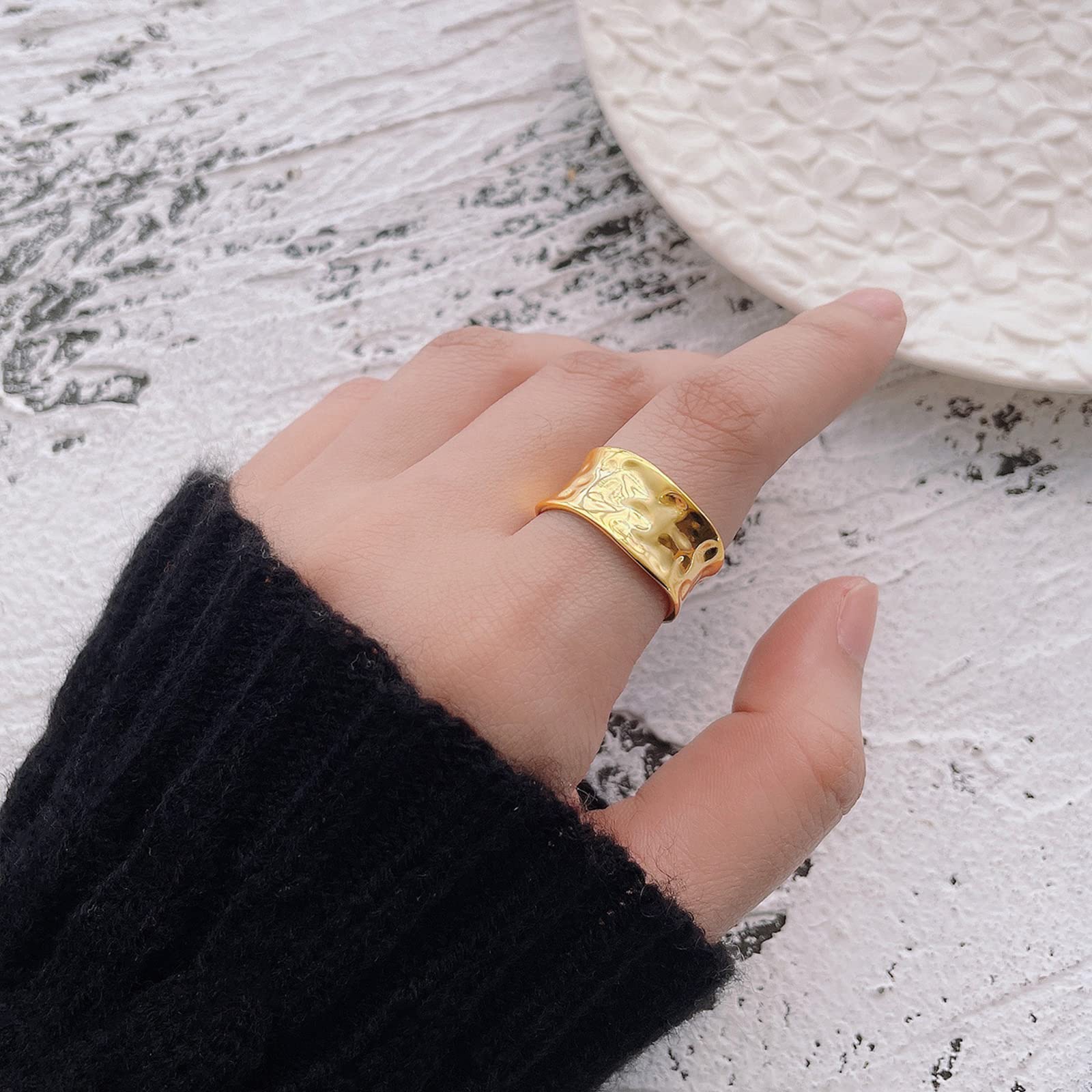 HUASAI Gold Plated Ring for Women Hammered Wide Ring Simple Chunky Band Ring Open Adjustable Knuckle Ring Statement Irregular Thumb Ring(Gold)