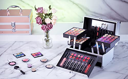 Hot Sugar Girls Makeup Set for Teenagers Beginners Adults Professionals with Reusable Trendy Silver Cosmetic Box Includes Everything for A Full Face Makeup Eyeshadow Lip Gloss Blush Brush Lipstick