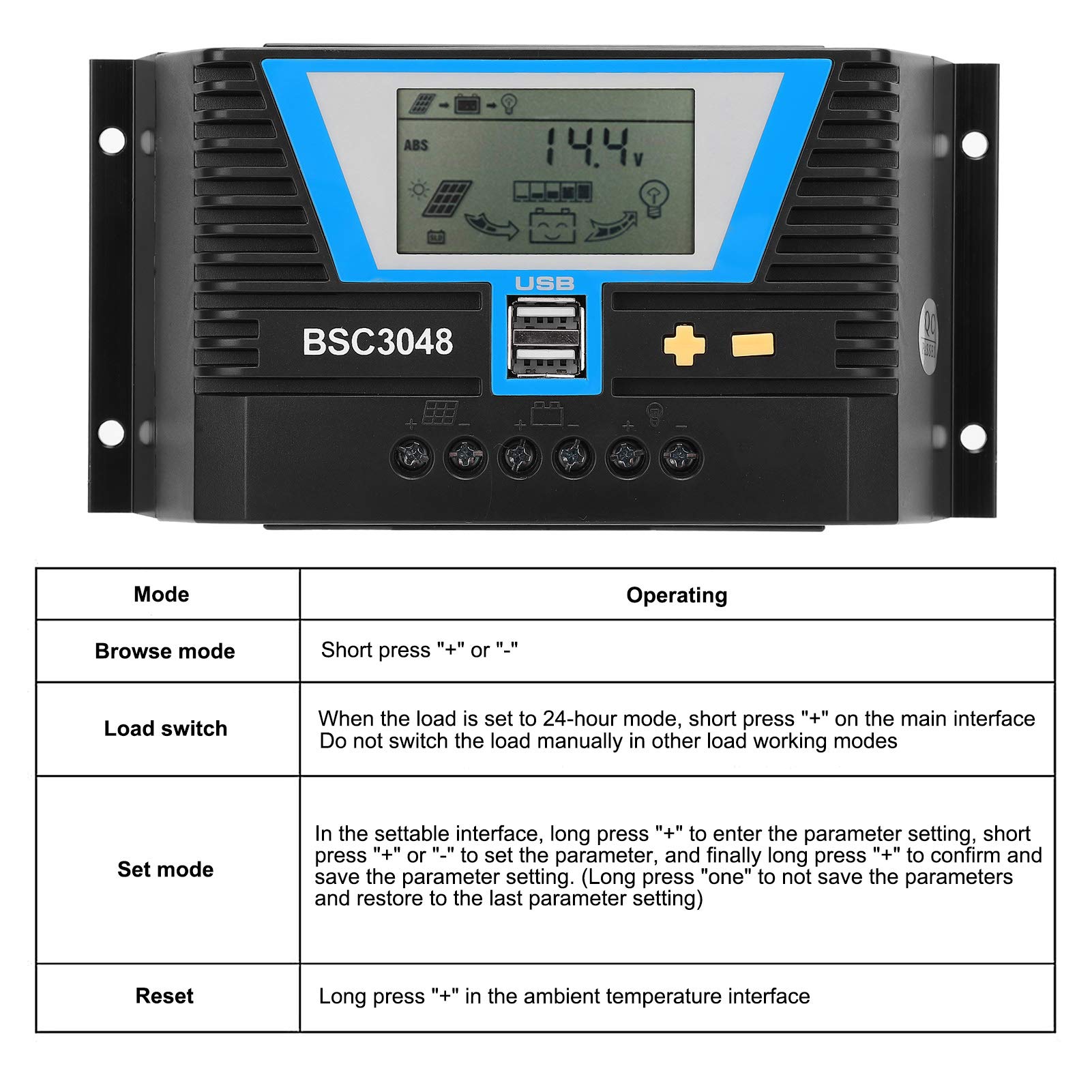 Hilitand BSC3048 30A Solar Battery Controller, 12V / 24V / 36V / 48V Energy Saving Controller, Suitable for Sealed Valve Regulated Acid Batteries, Gel Batteries, Liquid Acid Batteries