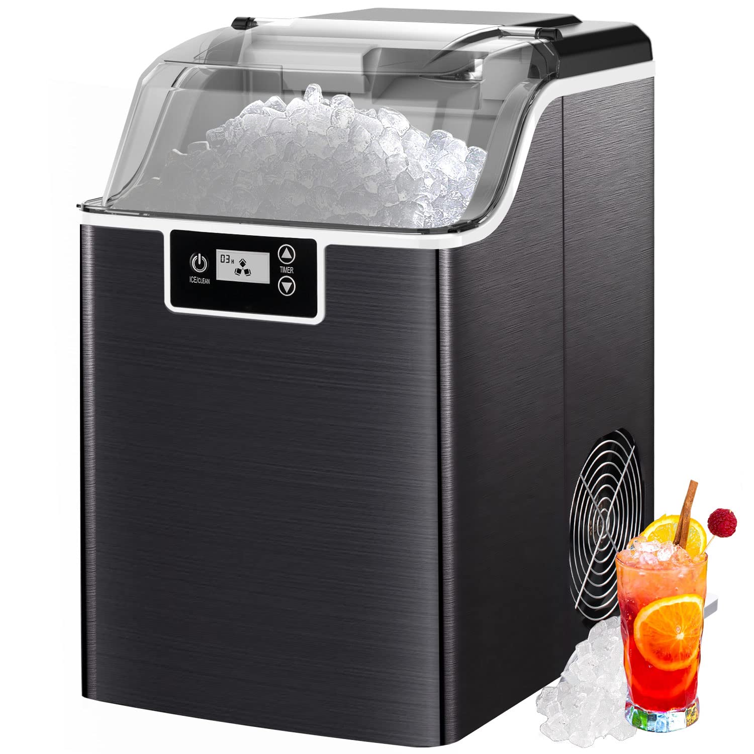 Kndko Nugget Ice Maker with Chewy Ice,High Ice-Making of 45lbs/Day/14,000pcs, Self-Cleaning,24-Hour Timer for Home Kitchen Bar Party,Bright Black Stainless Steel