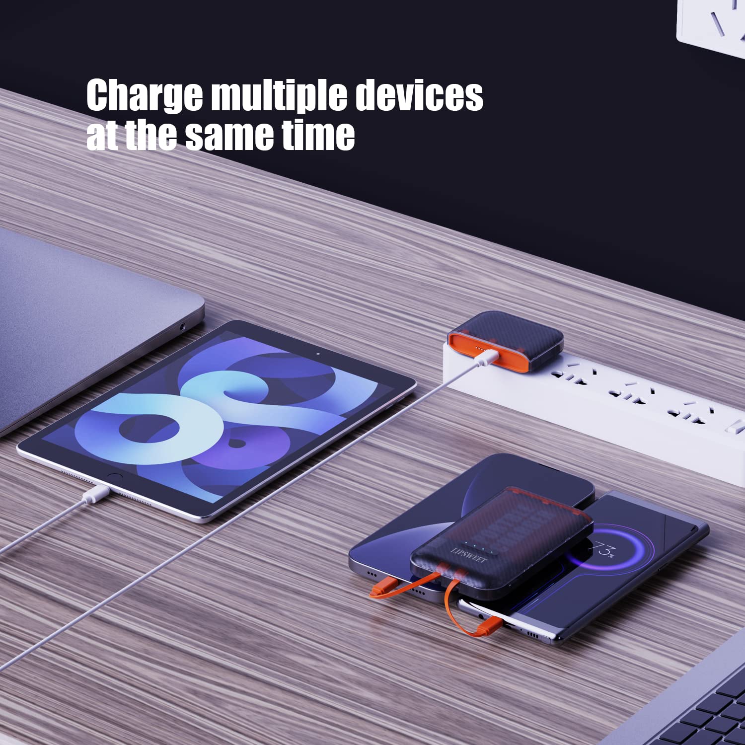 LIPSWEET Separate Portable Charger,20w USB C Fast Charging Power Bank, 5 Output 2 Input External Battery Pack for Travel with Built-in Cable AC Wall Plug Compatible with iPhone Android Phone Tablet