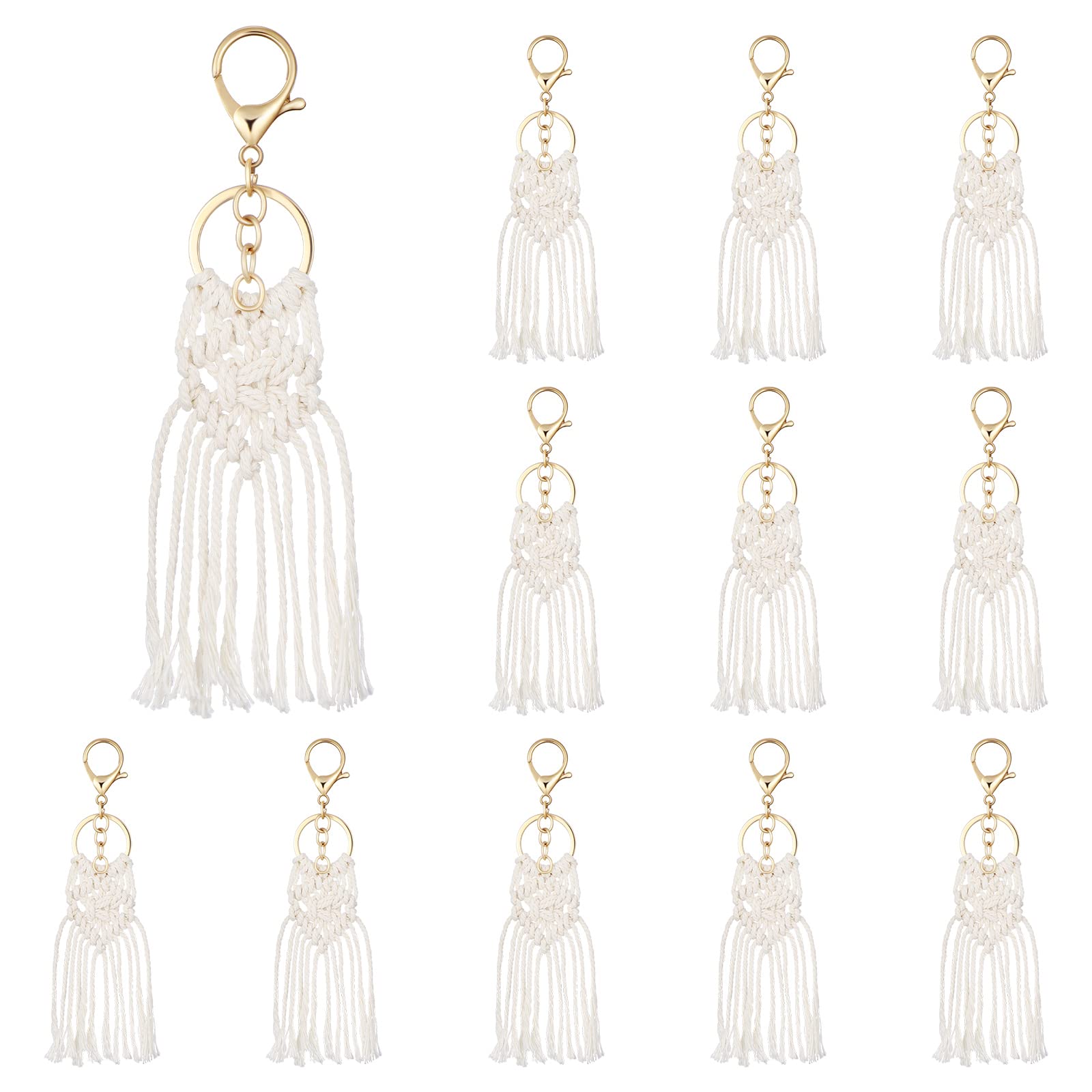 Herdear 12 Pieces Mini Macrame Keychains Boho Macrame Bag Charms Aesthetic Keychain Cute Handcrafted Keychain Bohemian Keychains for Women Bridesmaid Gift Car Key Purse Phone Supplies, Beige