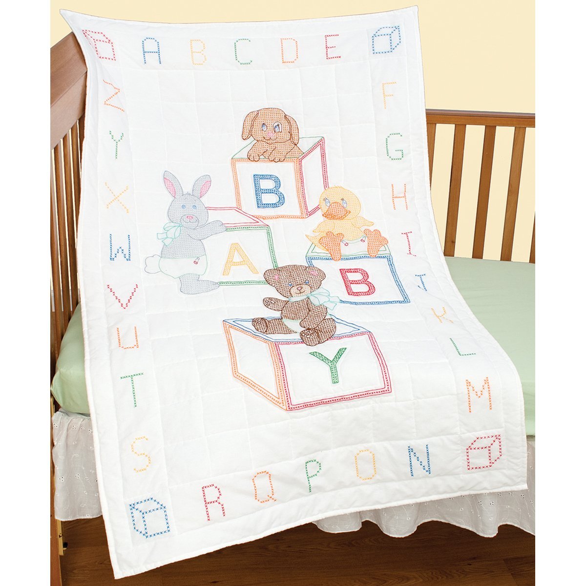 Jack Dempsey Needle Art 4060110 Crib Quilt, Top Baby Block, 40-Inch by 60-Inch, White