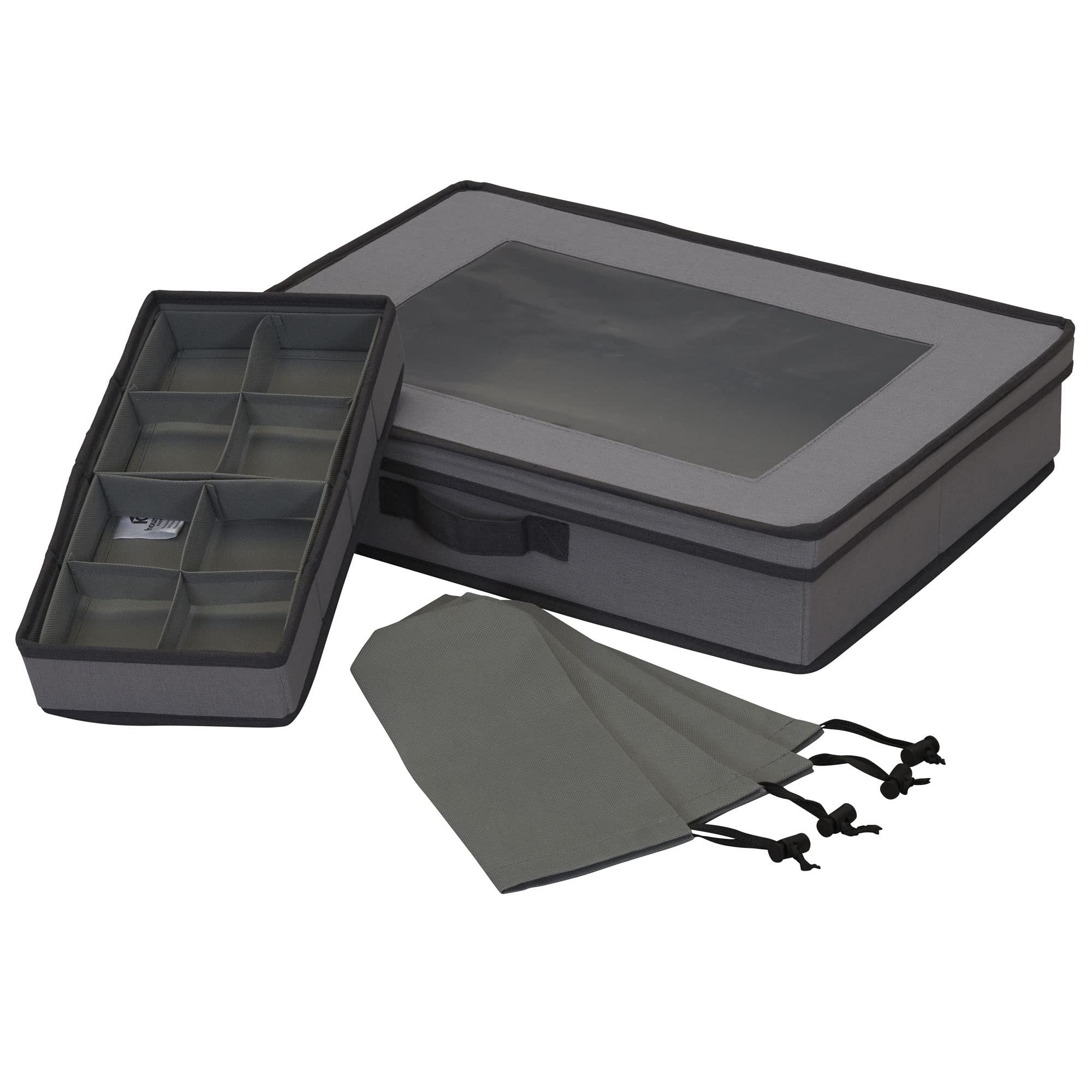 Household Essentials Tabletop Storage Box, Windowed Lid and Front Handle, 8 Compartment Lift-out Tray, 4 Fabric Pouches, Perfect for Special Occasion Tabletop Linens, Gray