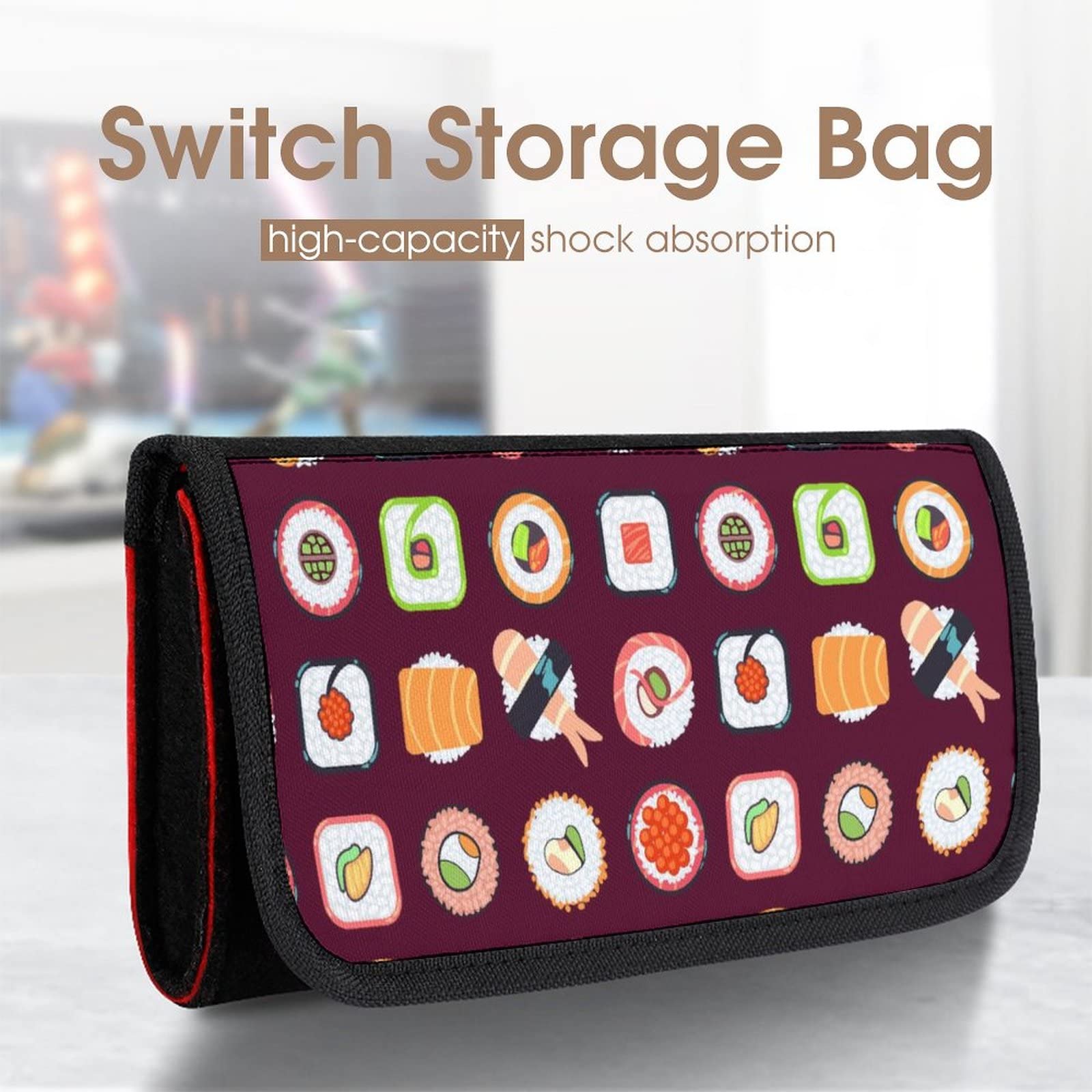Japanese Food Sushi Pattern Carrying Bag Compatible with Switch Protective Case Slim Felt Pouch with 5 Game Cartridges Holders