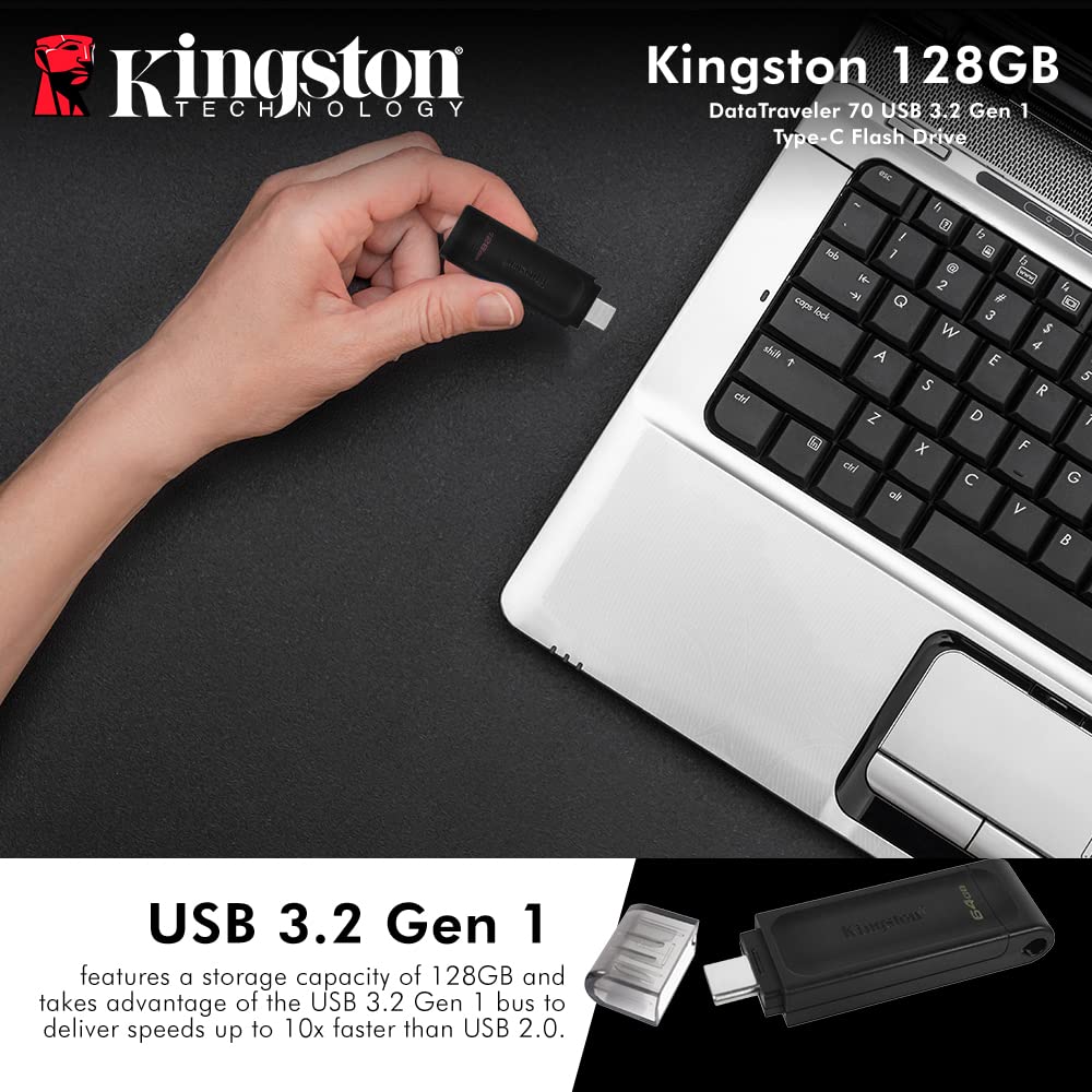 Kingston 128GB DataTraveler 70 Portable and Lightweight USB-C Flash Drive - DT70/128GB (5 Pack) w/ USB 3.2 Gen 1 Type-C Connection up to 5 GB/s + Xpix Bundle That Includes a Microfiber Cleaning Cloth