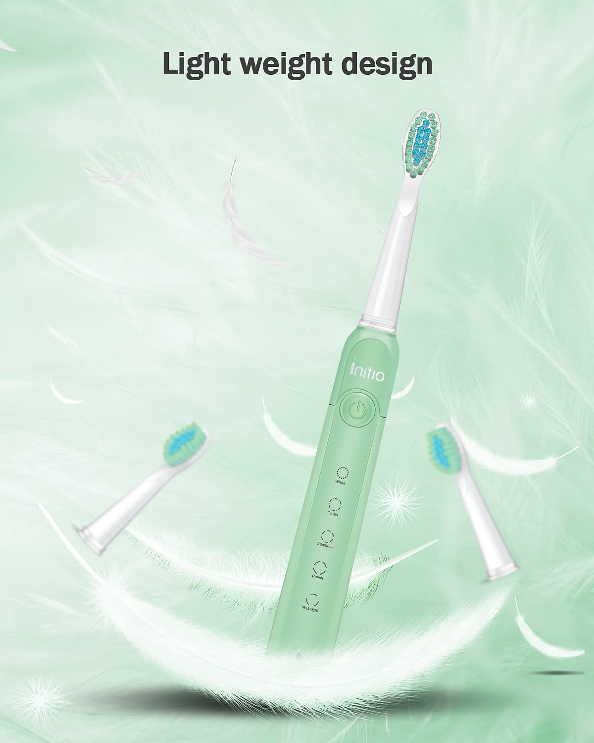 Initio Sonic Electric Toothbrush for Adults Rechargeable Toothbrush with Smart Timer 5 Modes 3 Brush Heads 40,000 VPM Motor Whitening Power Toothbrush IT959 (Mint Green)