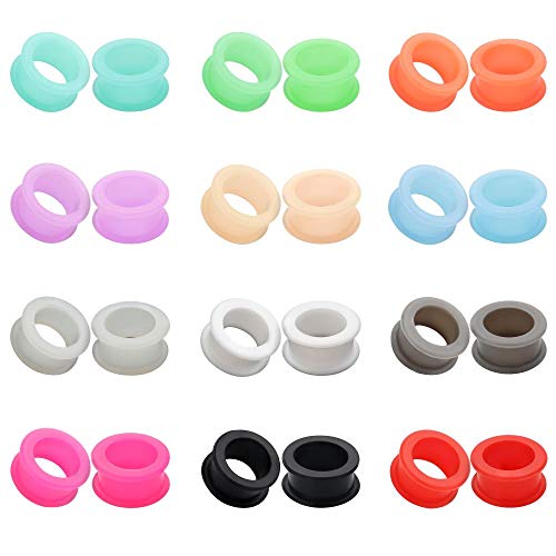 HISHION 24pcs Silicone Tunnels Plugs Ear Gauges 6G-1 inch Flexible Double Flared Multicolored Expander Set for Women Men Body Piercing(9/16"(14mm))