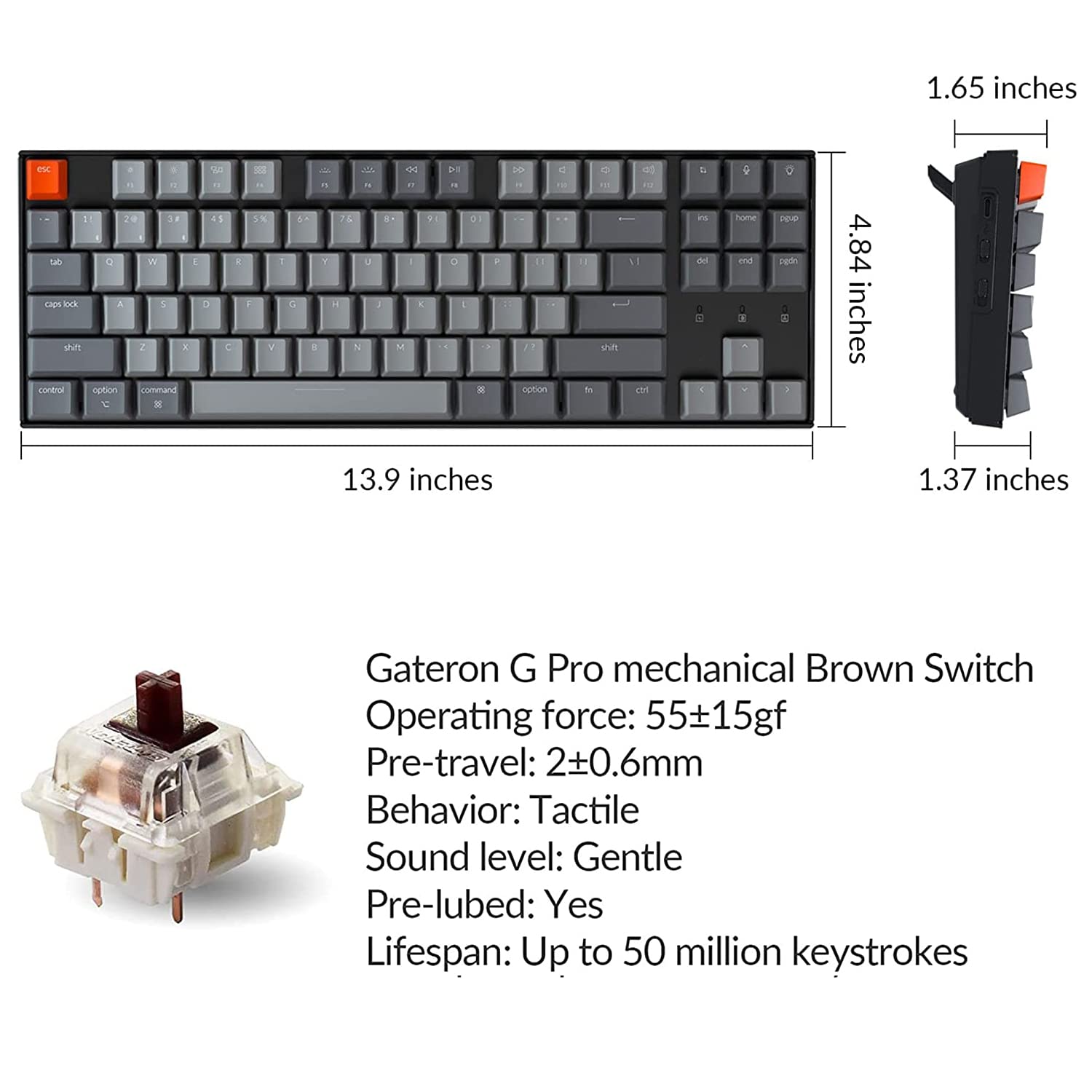 Keychron K8 TKL Gaming Mechanical Keyboard Wireless/Wired, 87 Keys Compact RGB Backlit Illuminated Keyboard, Gateron G Pro Brown Switch Office Computer Keyboard for Windows Mac PC Gamer